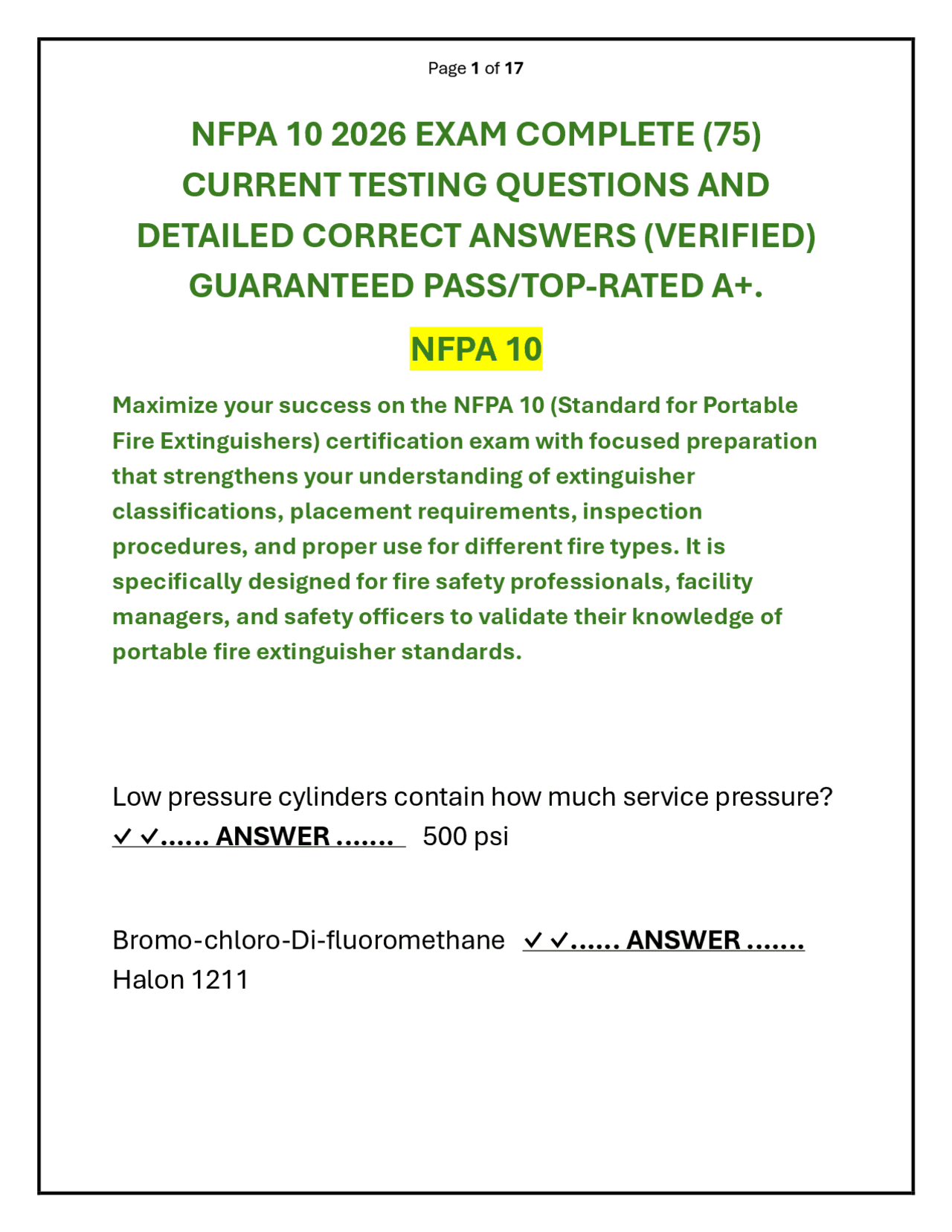 NFPA 10 2026 EXAM QUESTION AND ANSWER | Exams Safety and Fire ...