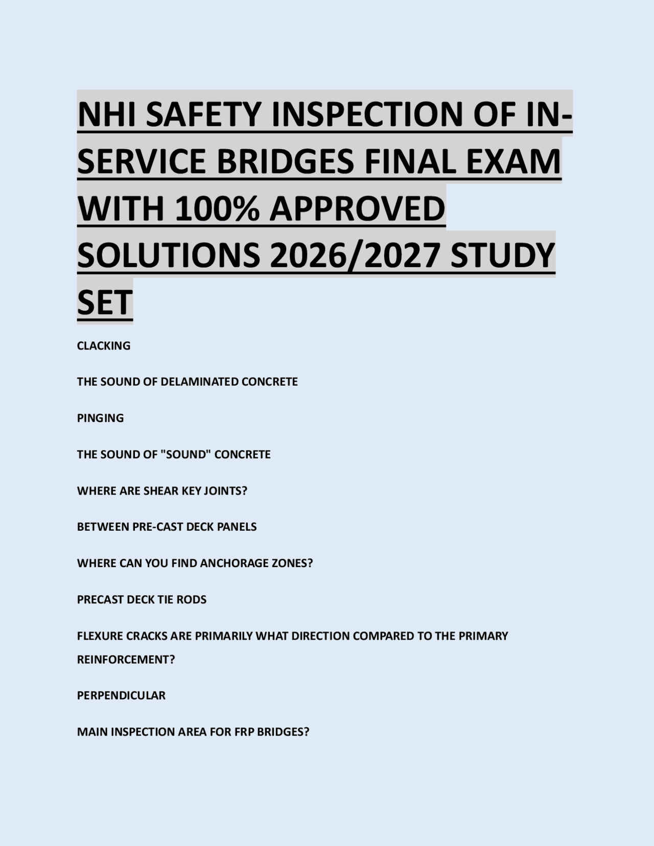 NHI SAFETY INSPECTION OF IN SERVICE BRIDGES FINAL EXAM WITH 100% ...