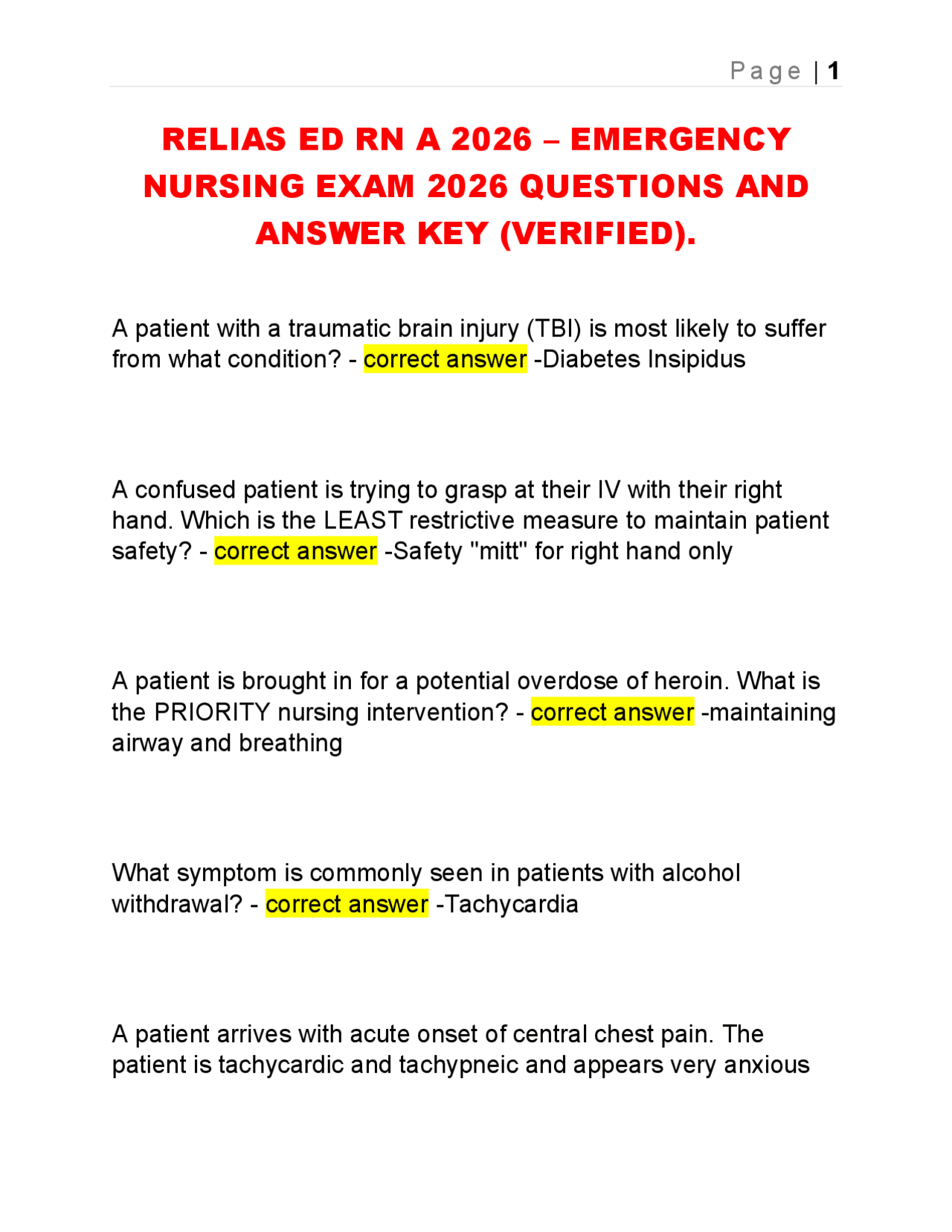 RELIAS ED RN A 2026 – EMERGENCY NURSING EXAM 2026 QUESTIONS AND ANSWER ...