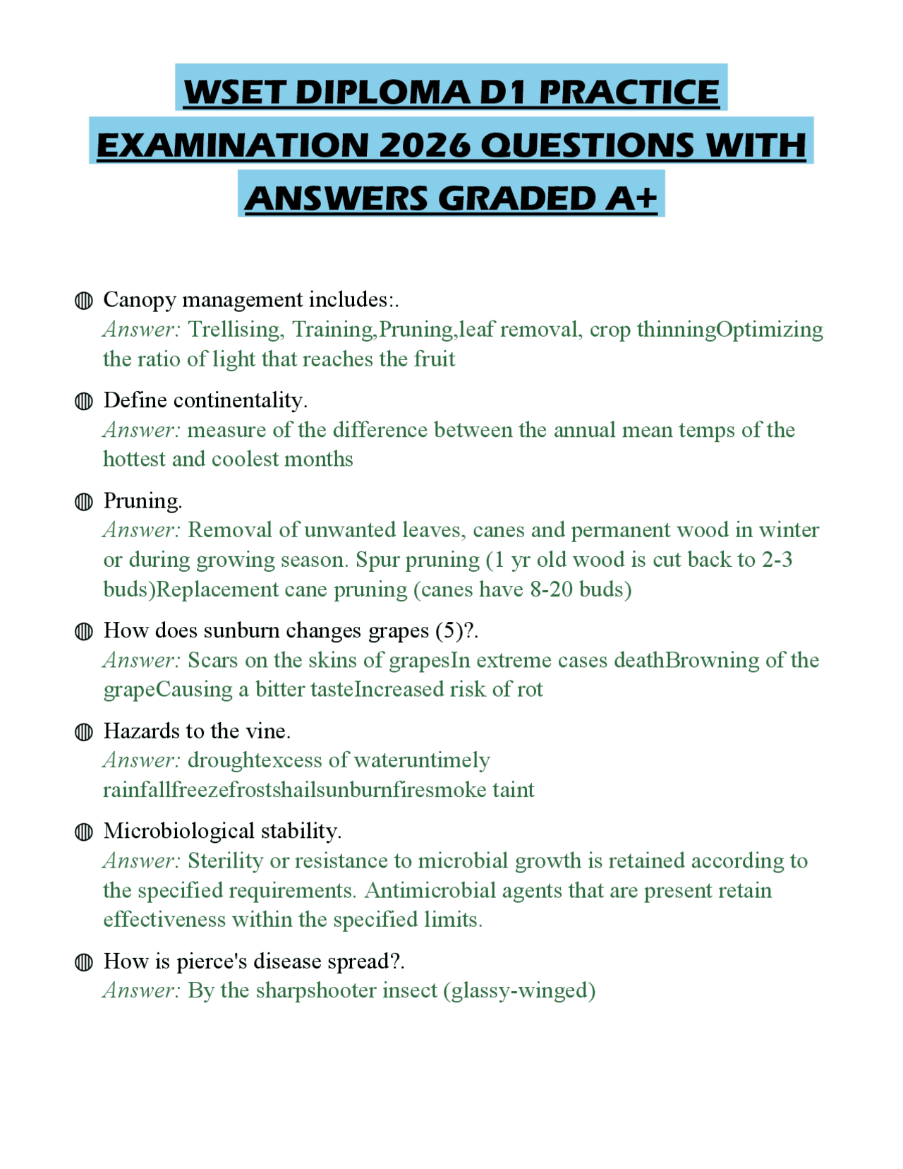 WSET DIPLOMA D1 PRACTICE EXAMINATION 2026 QUESTIONS WITH ANSWERS GRADED ...