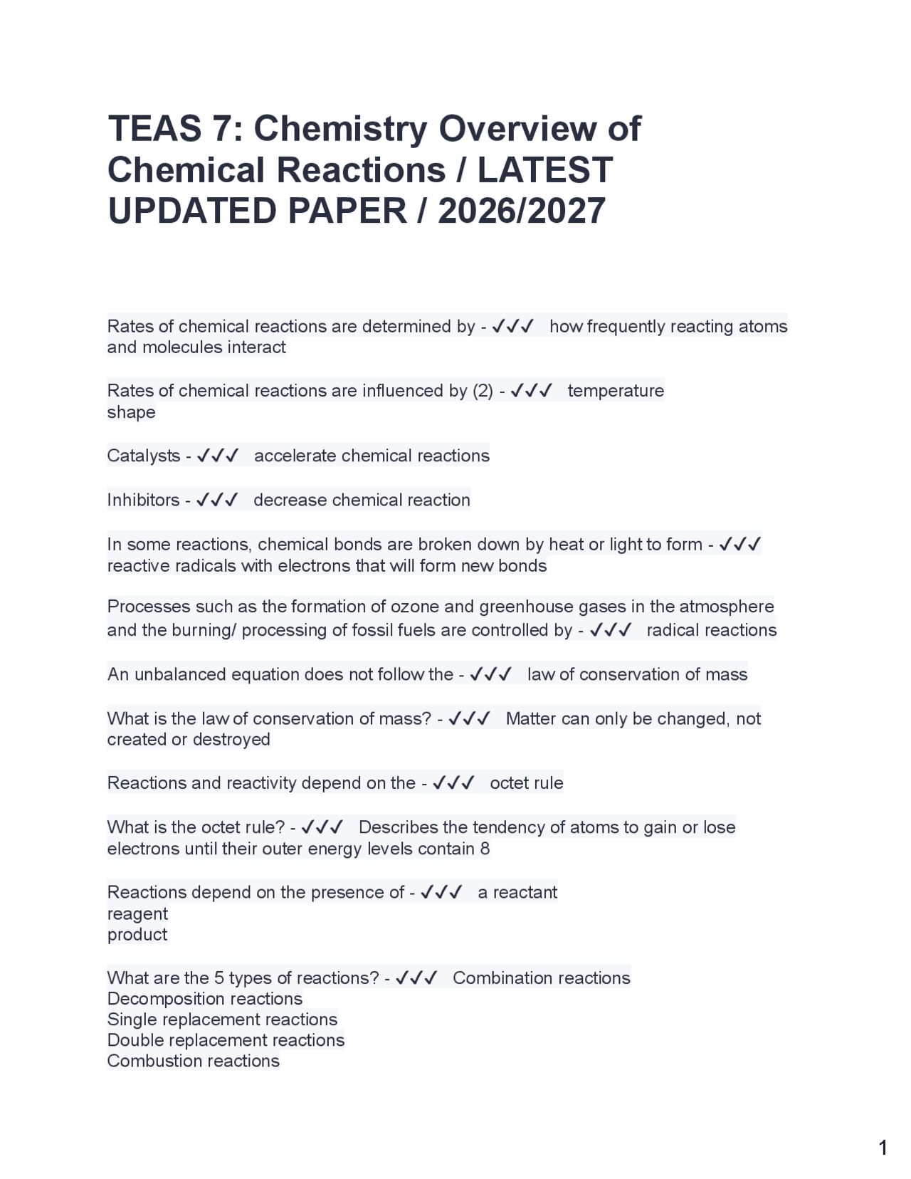 TEAS 7: Chemistry Overview of Chemical Reactions / LATEST UPDATED PAPER ...