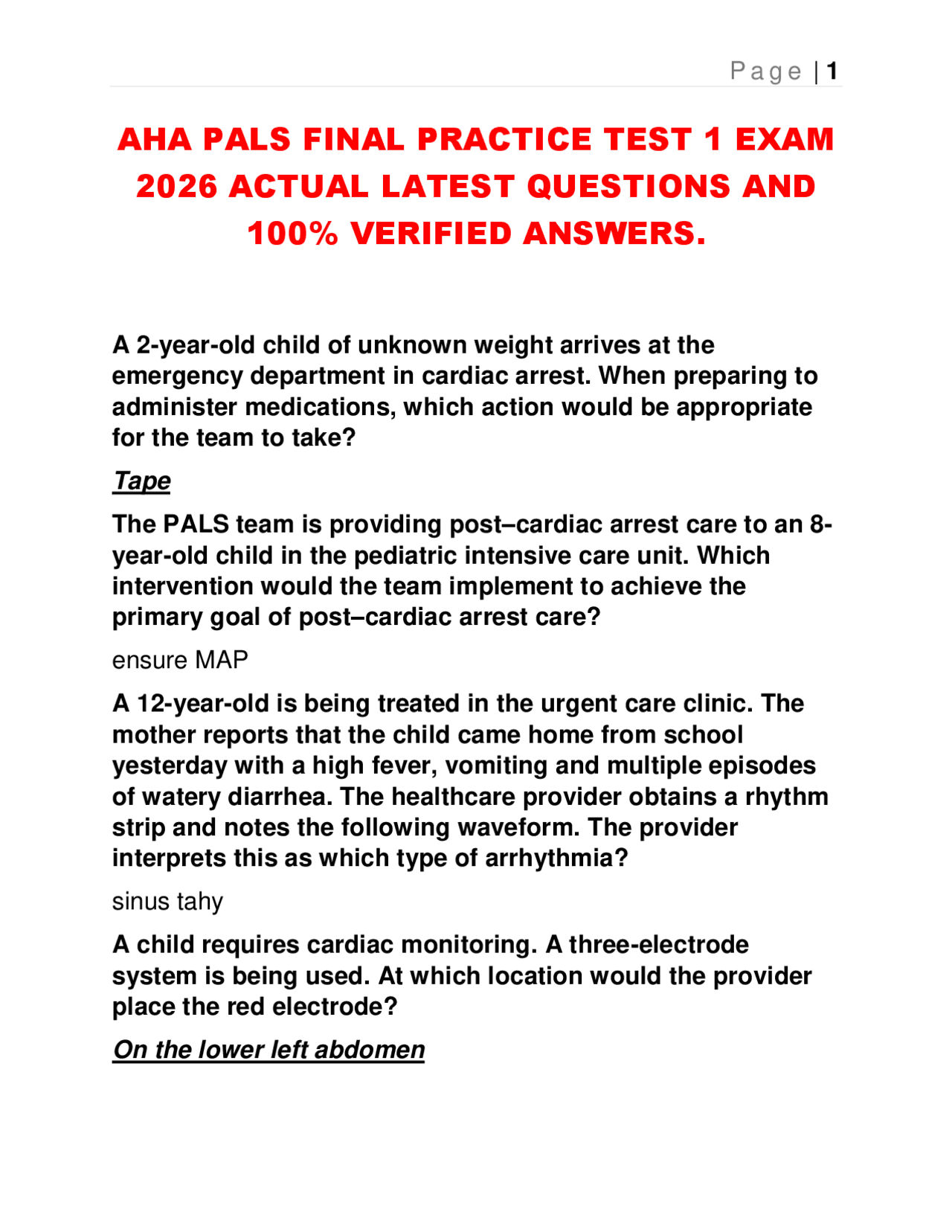 AHA PALS FINAL PRACTICE TEST 1 EXAM 2026 ACTUAL LATEST QUESTIONS ...