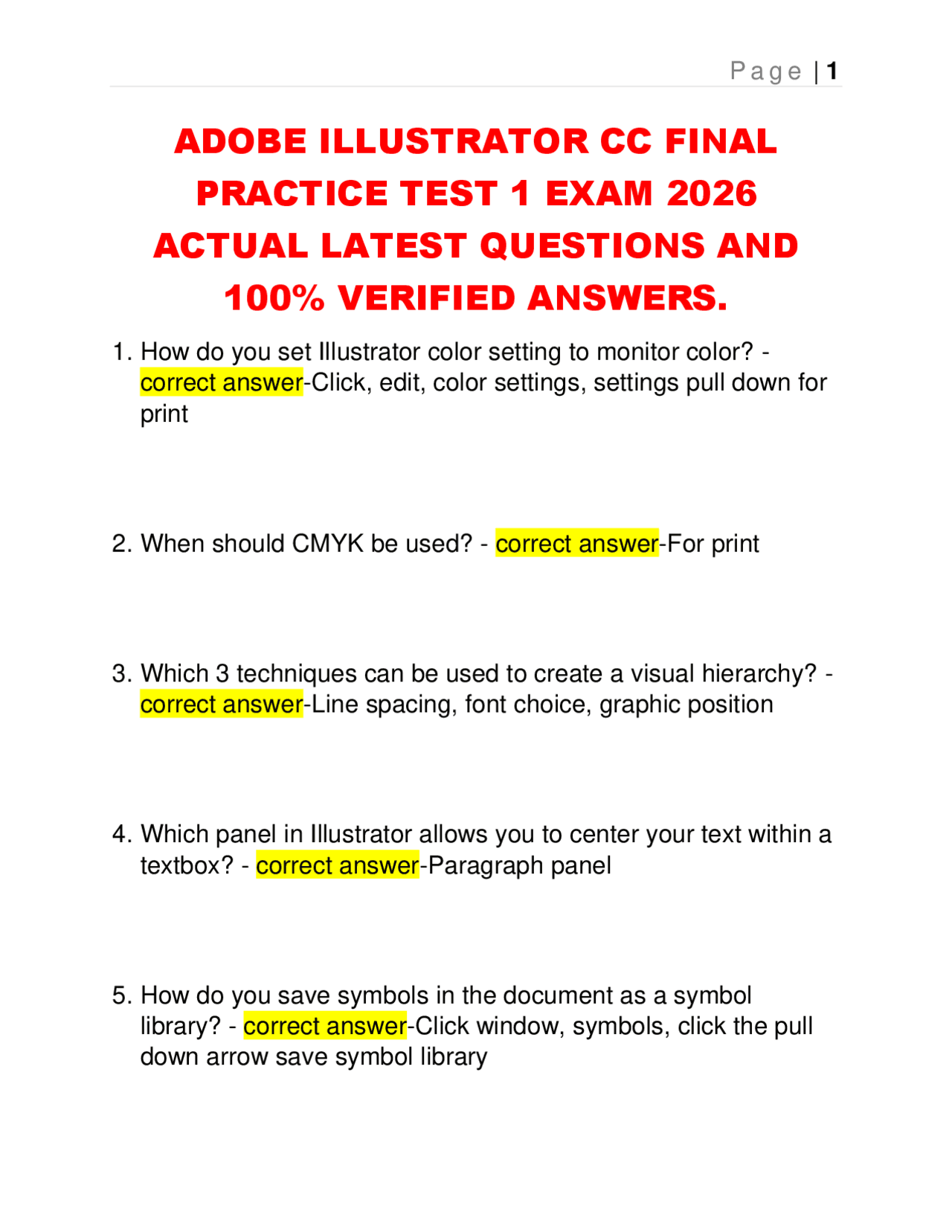 ADOBE ILLUSTRATOR CC FINAL PRACTICE TEST 1 EXAM 2026 ACTUAL LATEST ...