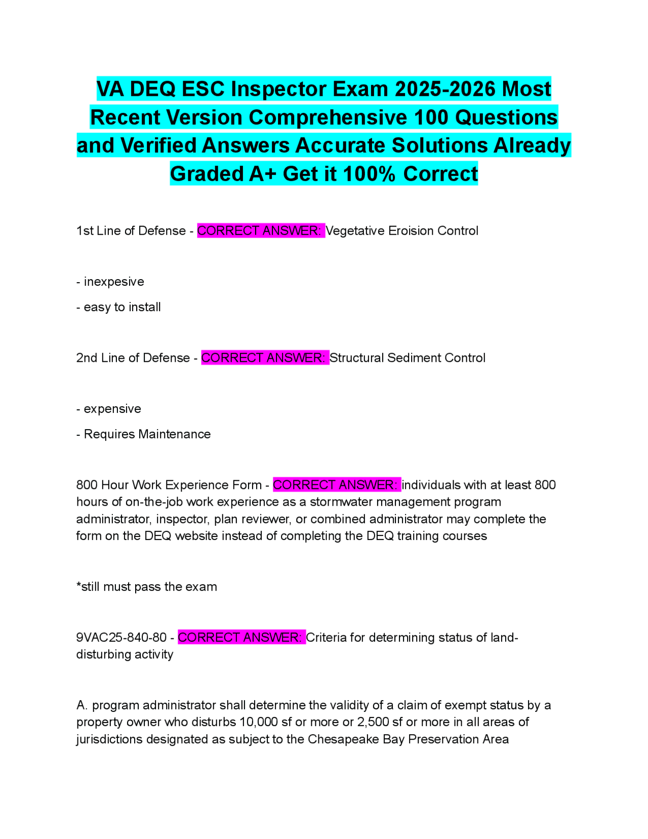 VA DEQ ESC Inspector Exam 2025-2026 Most Recent Version Comprehensive ...