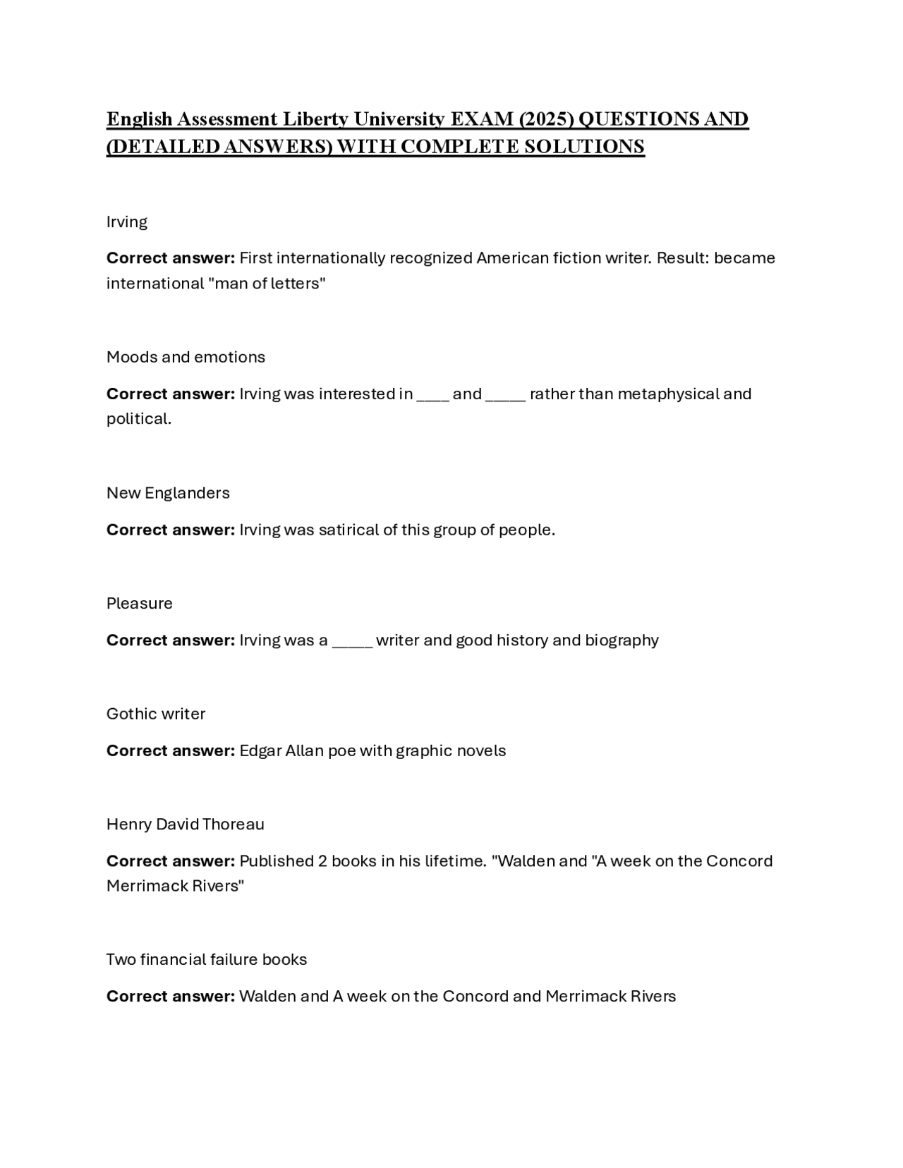 English Assessment Liberty University 2025 Exam Questions and Detailed ...
