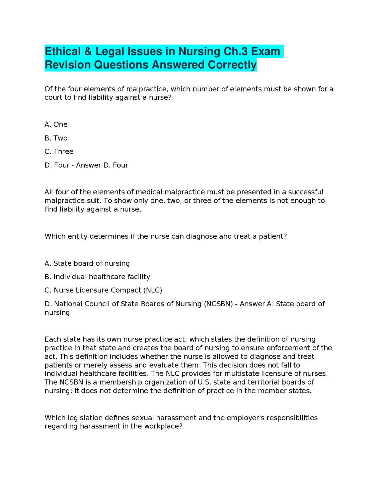 Ethical & Legal Issues in Nursing Ch.3 Exam Revision Questions Answered ...
