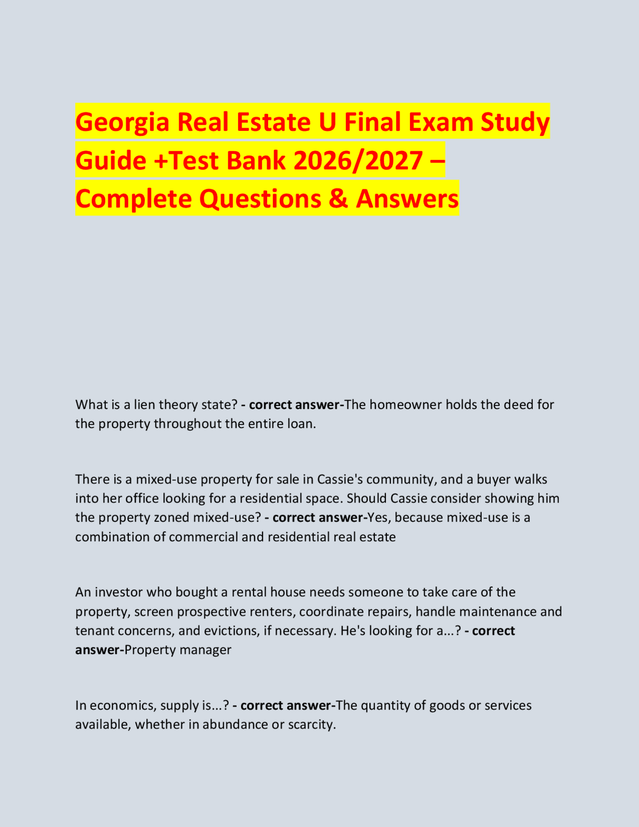 Georgia Real Estate U Final Exam Study Guide +Test Bank 2026/2027 ...