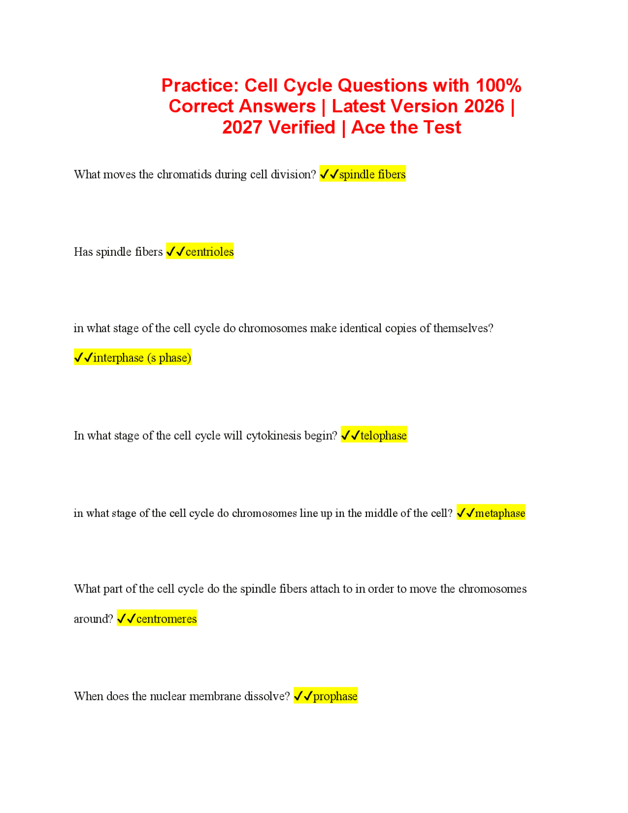 Practice: Cell Cycle Questions with 100% Correct Answers | Latest ...