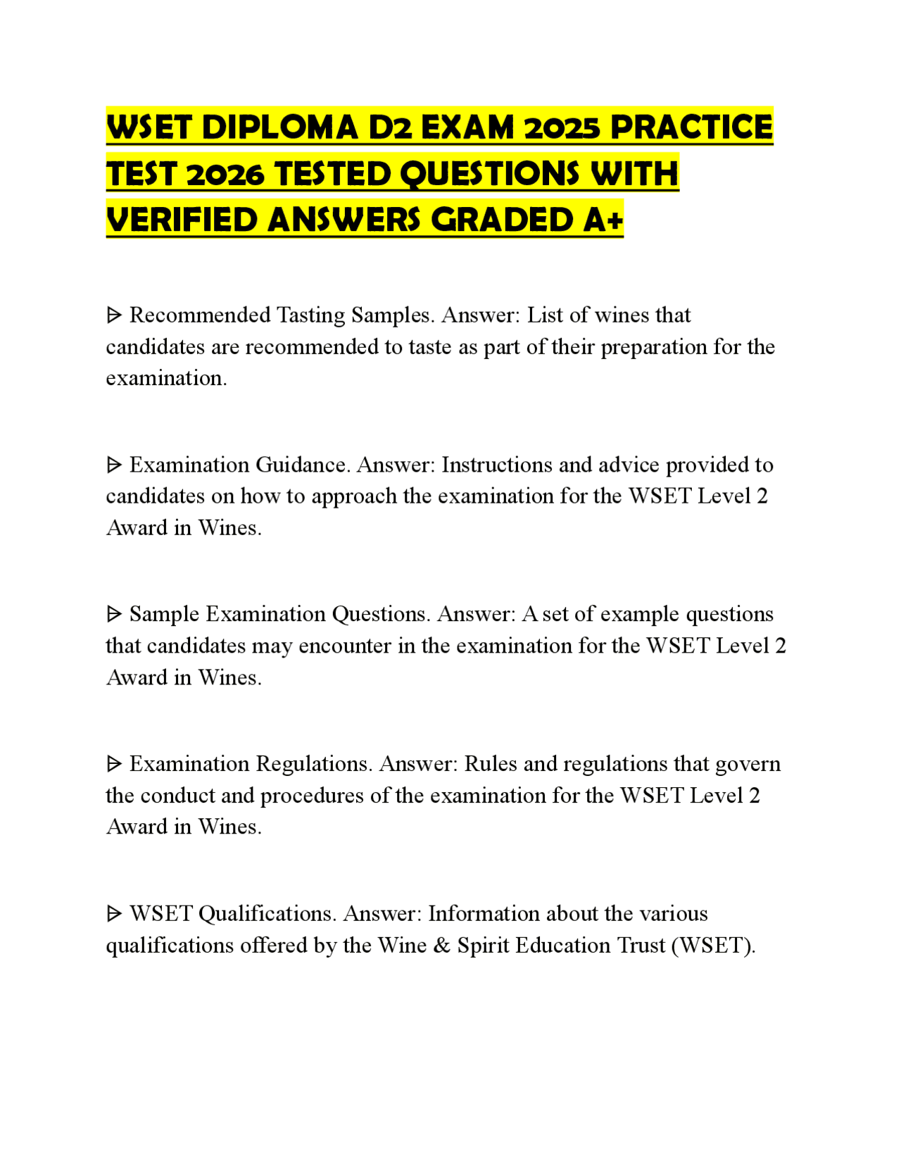 WSET DIPLOMA D2 EXAM 2025 PRACTICE TEST 2026 TESTED QUESTIONS WITH ...