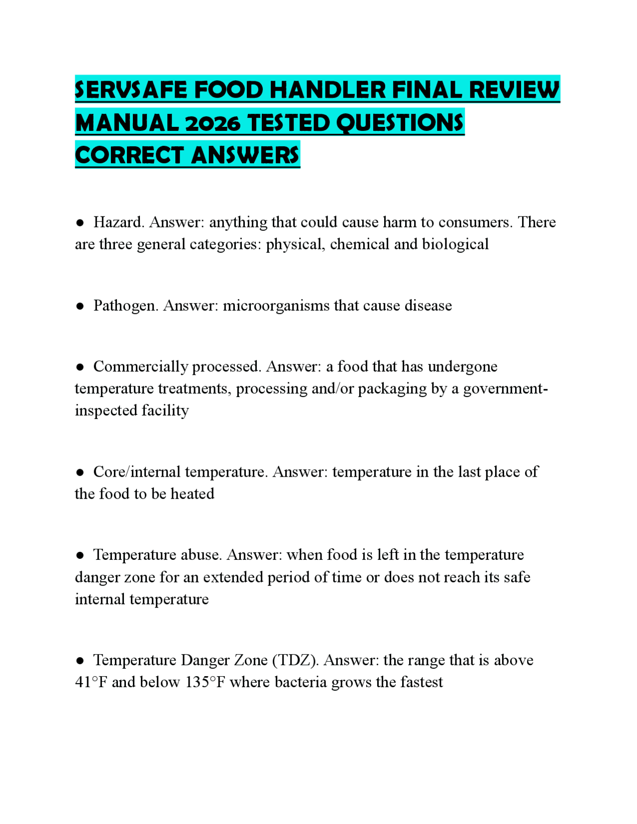 SERVSAFE FOOD HANDLER FINAL REVIEW MANUAL 2026 TESTED QUESTIONS CORRECT ...
