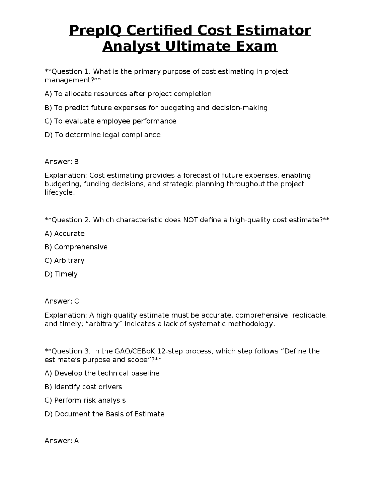 PrepIQ Certified Cost Estimator Analyst Ultimate Exam | Exams ...
