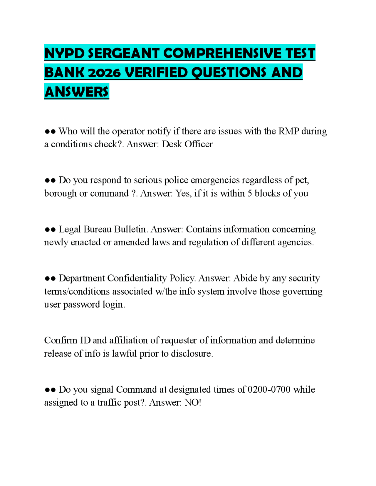 NYPD SERGEANT COMPREHENSIVE TEST BANK 2026 VERIFIED QUESTIONS AND ...