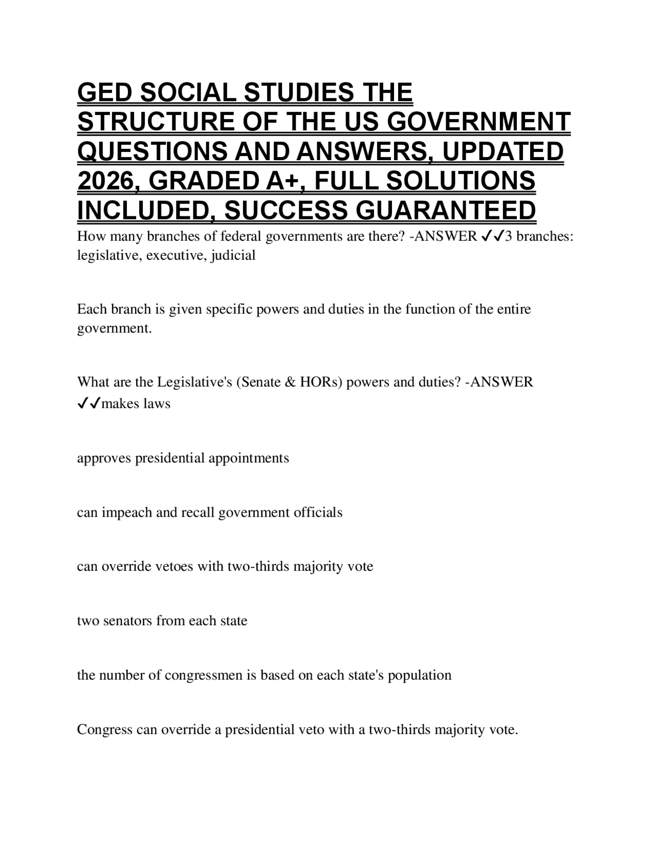 GED SOCIAL STUDIES THE STRUCTURE OF THE US GOVERNMENT QUESTIONS AND ...
