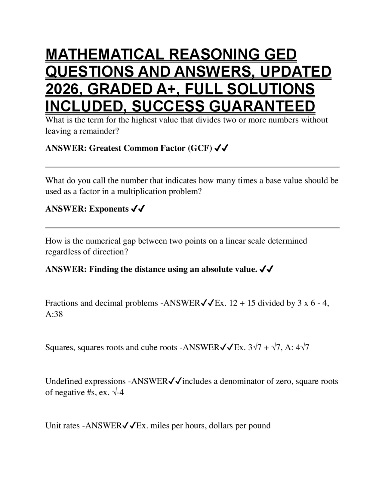 MATHEMATICAL REASONING GED QUESTIONS AND ANSWERS, UPDATED 2026, GRADED ...