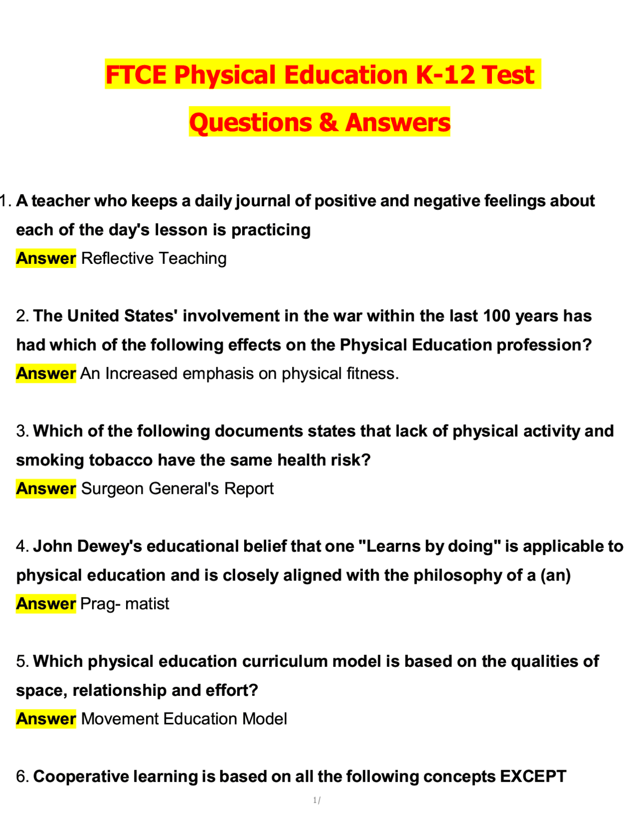 FTCE Physical Education K-12 Test Latest 2026 / 2027 Update Questions ...