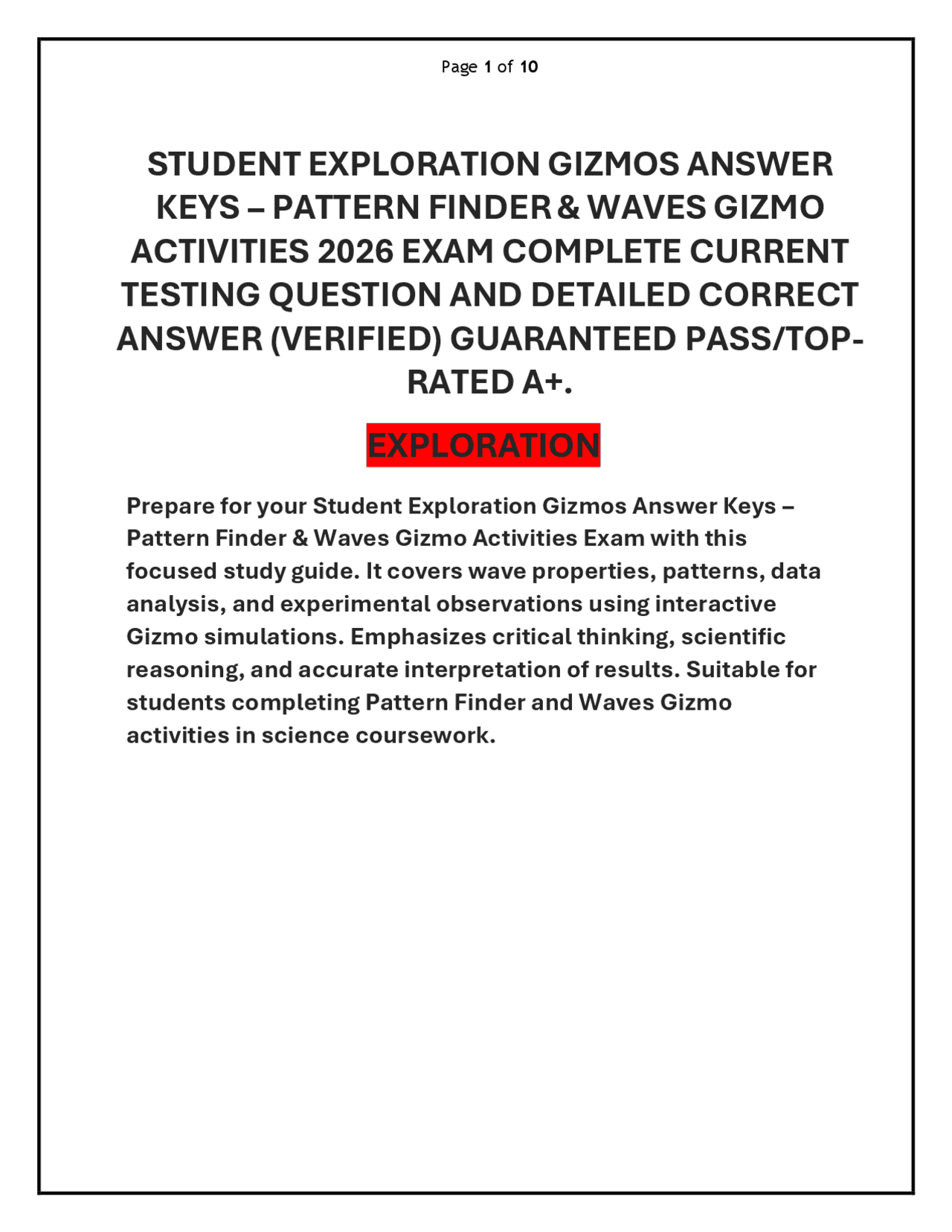 STUDENT EXPLORATION GIZMOS ANSWER KEYS – PATTERN FINDER& WAVES GIZMO ...