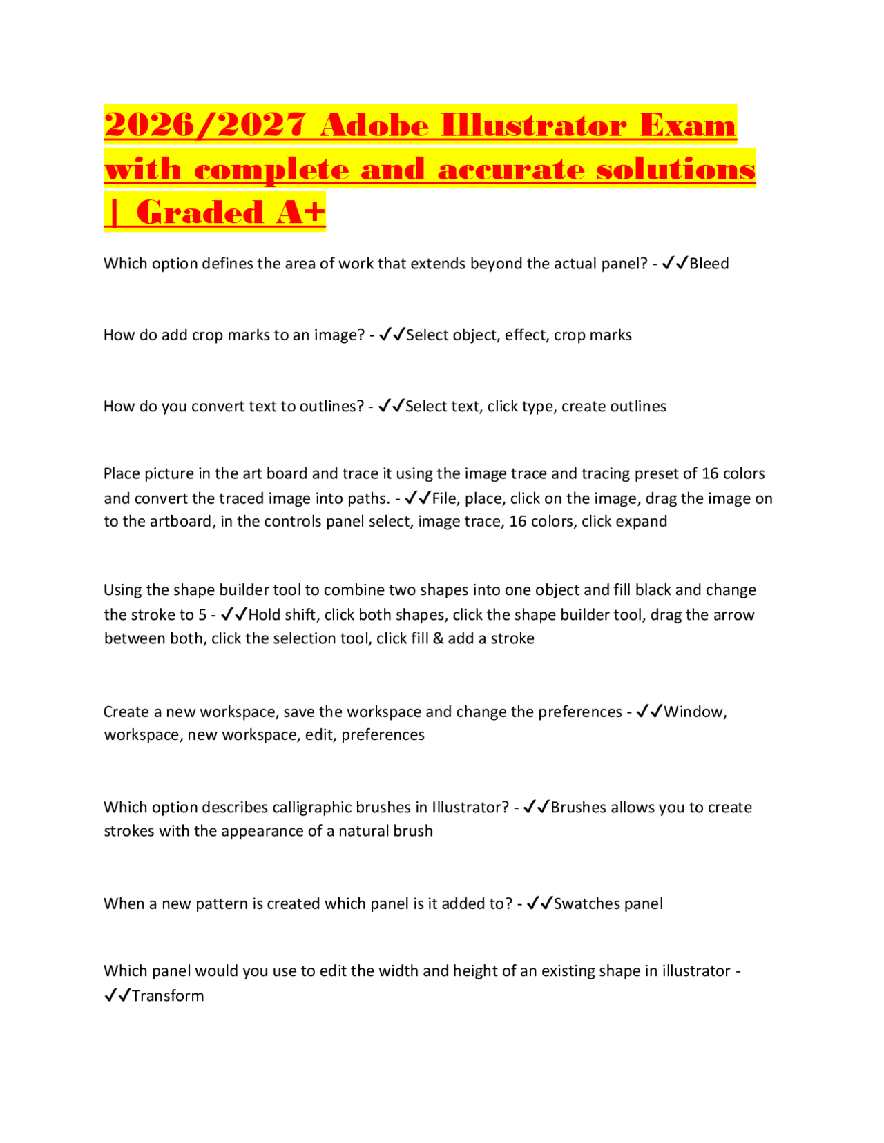 2026/2027 Adobe Illustrator Exam with complete and accurate solutions ...