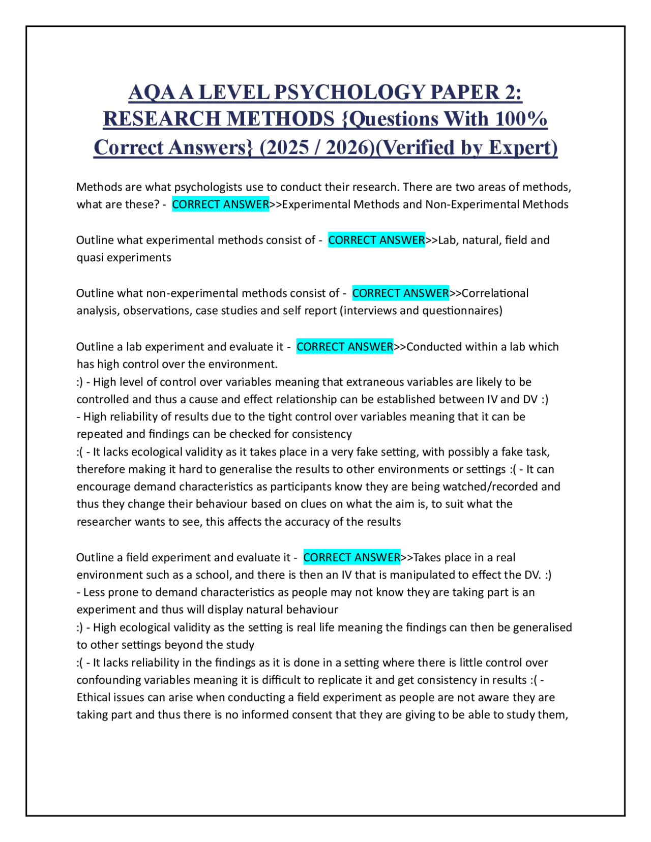 AQA A LEVEL PSYCHOLOGY PAPER 2: RESEARCH METHODS {Questions With 100% ...