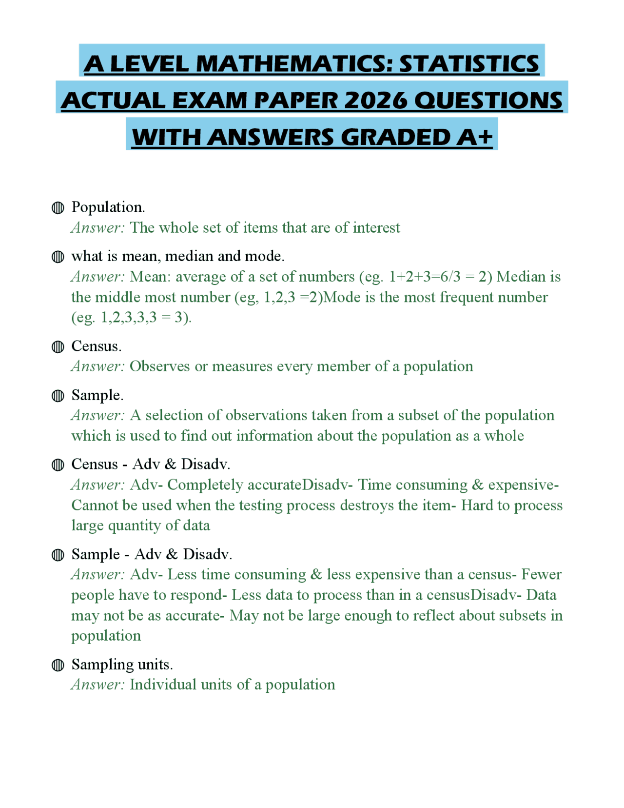 A LEVEL MATHEMATICS: STATISTICS ACTUAL EXAM PAPER 2026 QUESTIONS WITH ...