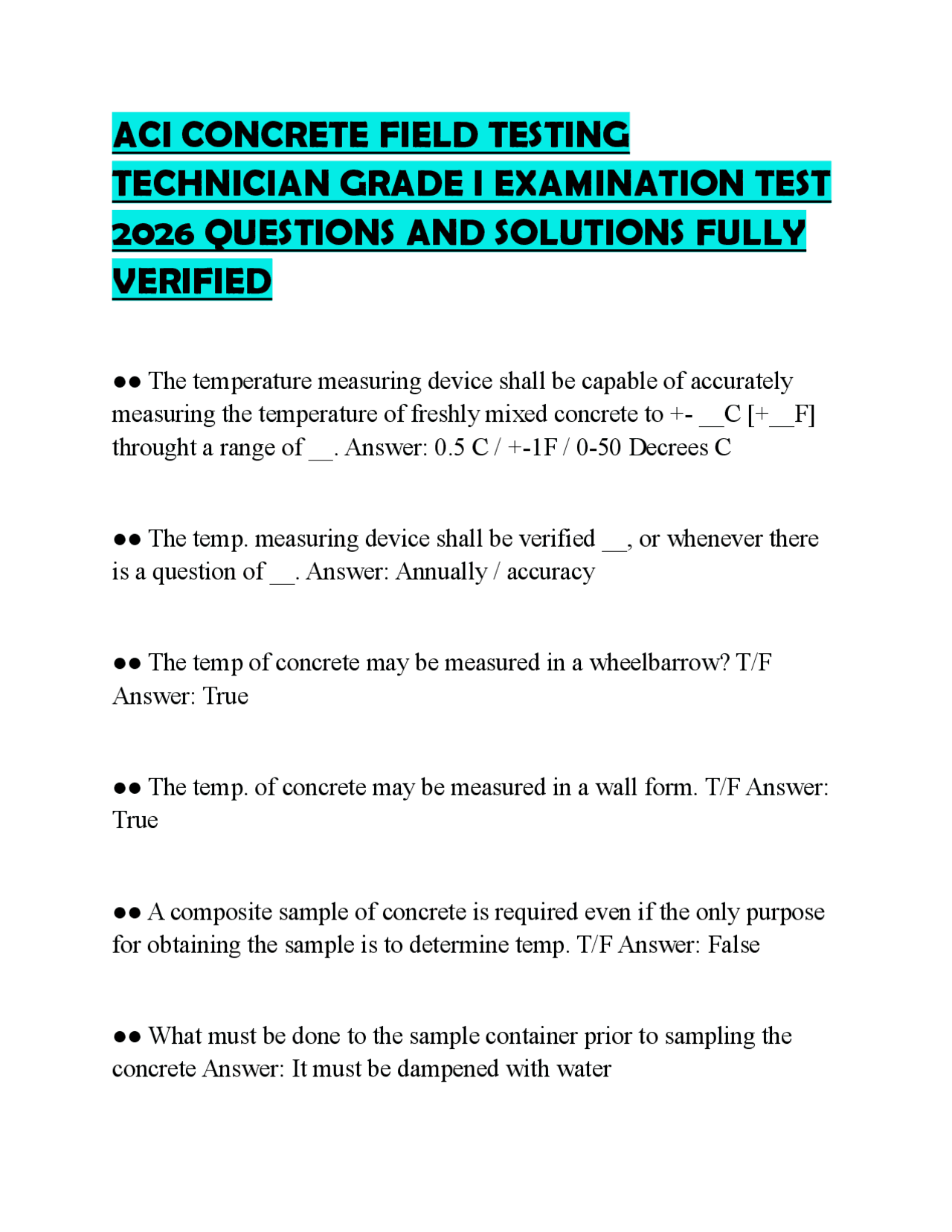 ACI CONCRETE FIELD TESTING TECHNICIAN GRADE I EXAMINATION TEST 2026 ...