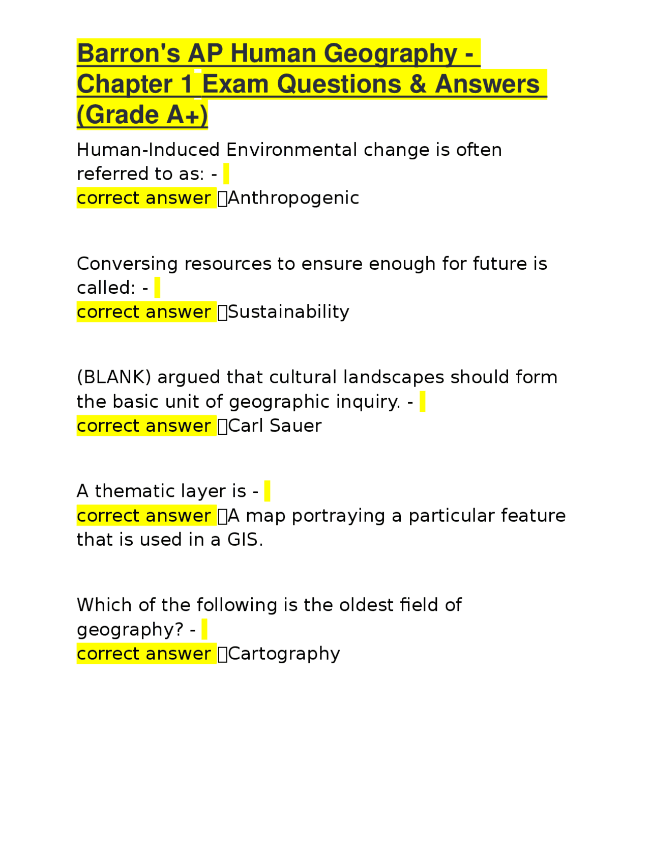 Barron's AP Human Geography - Chapter 1 Exam Questions & Answers (Grade ...