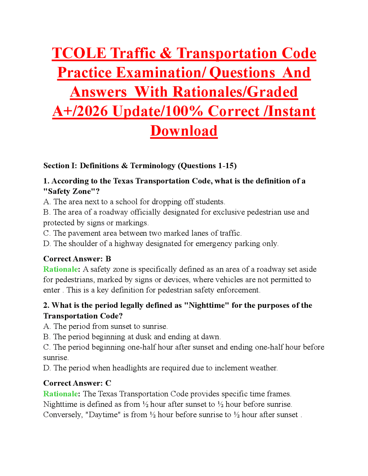 TCOLE Traffic & Transportation Code Practice Examination/ Questions And ...