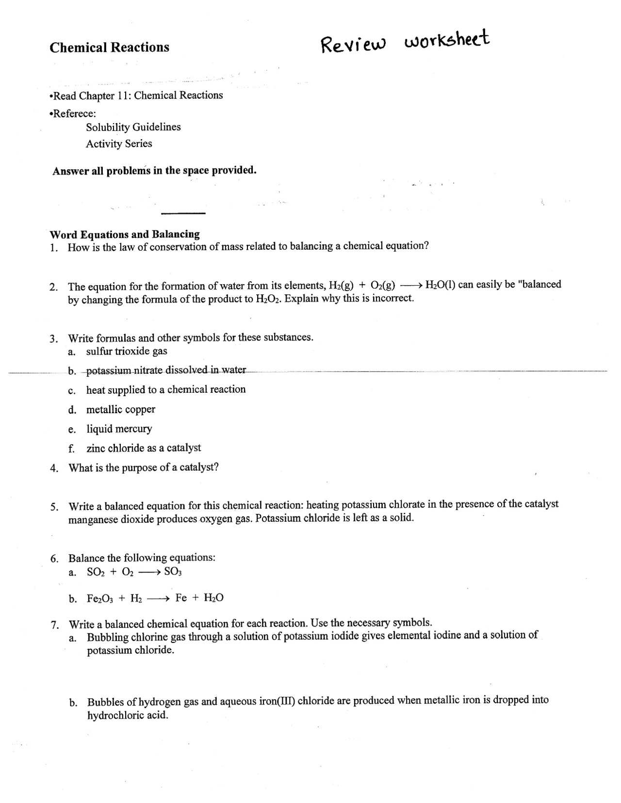 Unit 6 - Review Worksheet: Chemical Reactions & Balancing | Quizzes ...
