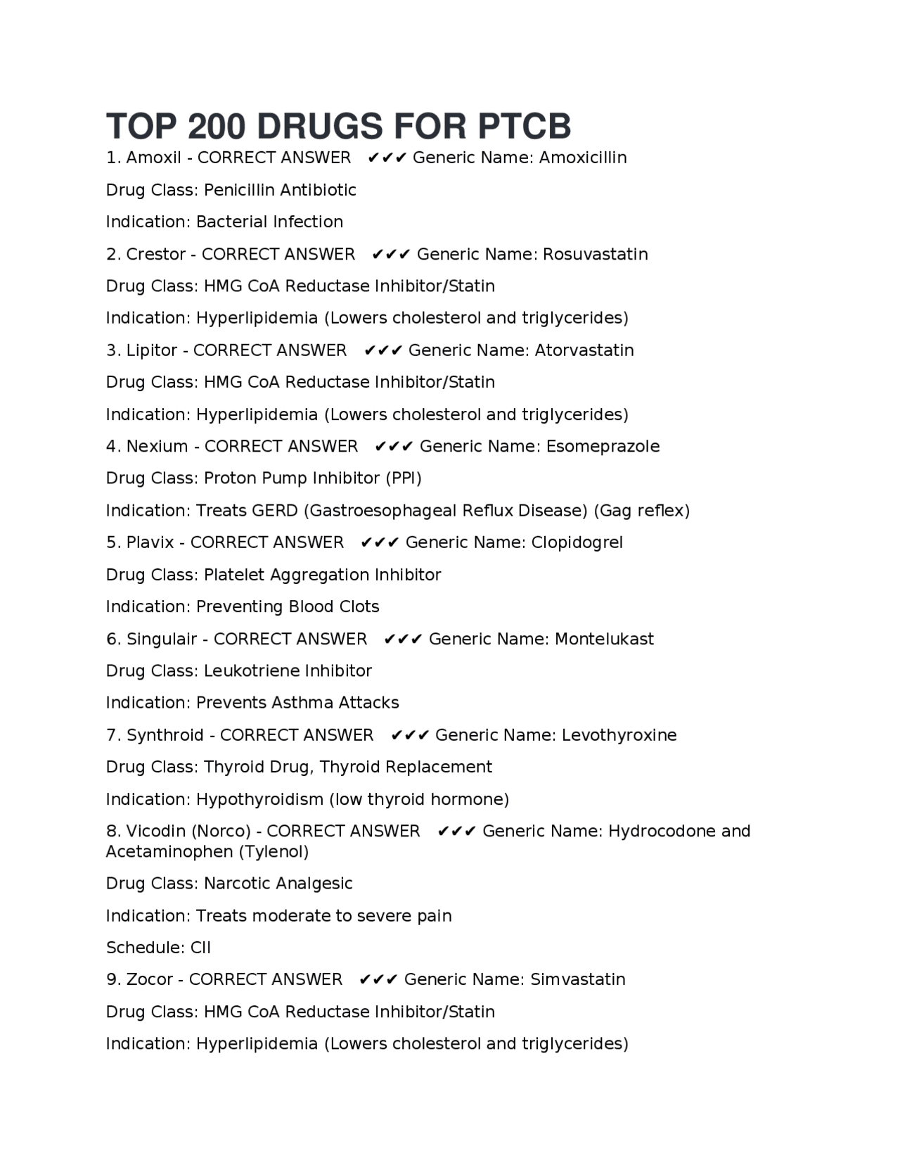 TOP 200 DRUGS FOR PTCB latest update | Exams Advanced Education | Docsity