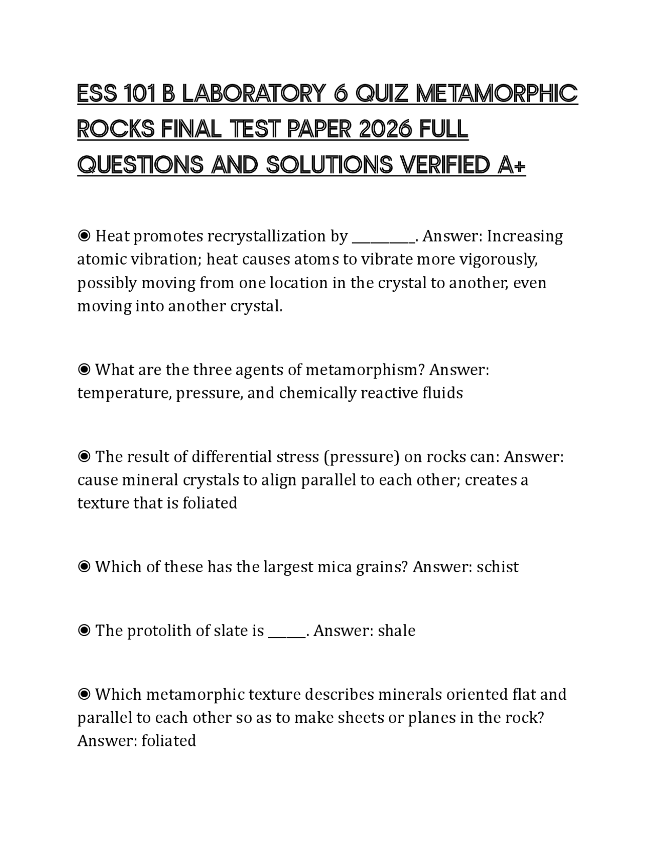 ESS 101 B LABORATORY 6 QUIZ METAMORPHIC ROCKS FINAL TEST PAPER 2026 ...