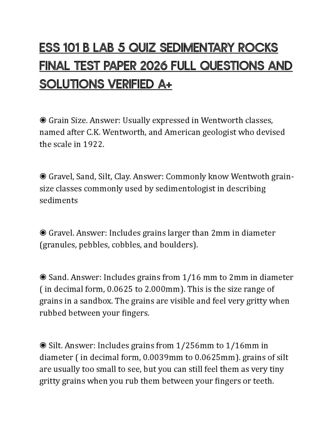 ESS 101 B LAB 5 QUIZ SEDIMENTARY ROCKS FINAL TEST PAPER 2026 FULL ...