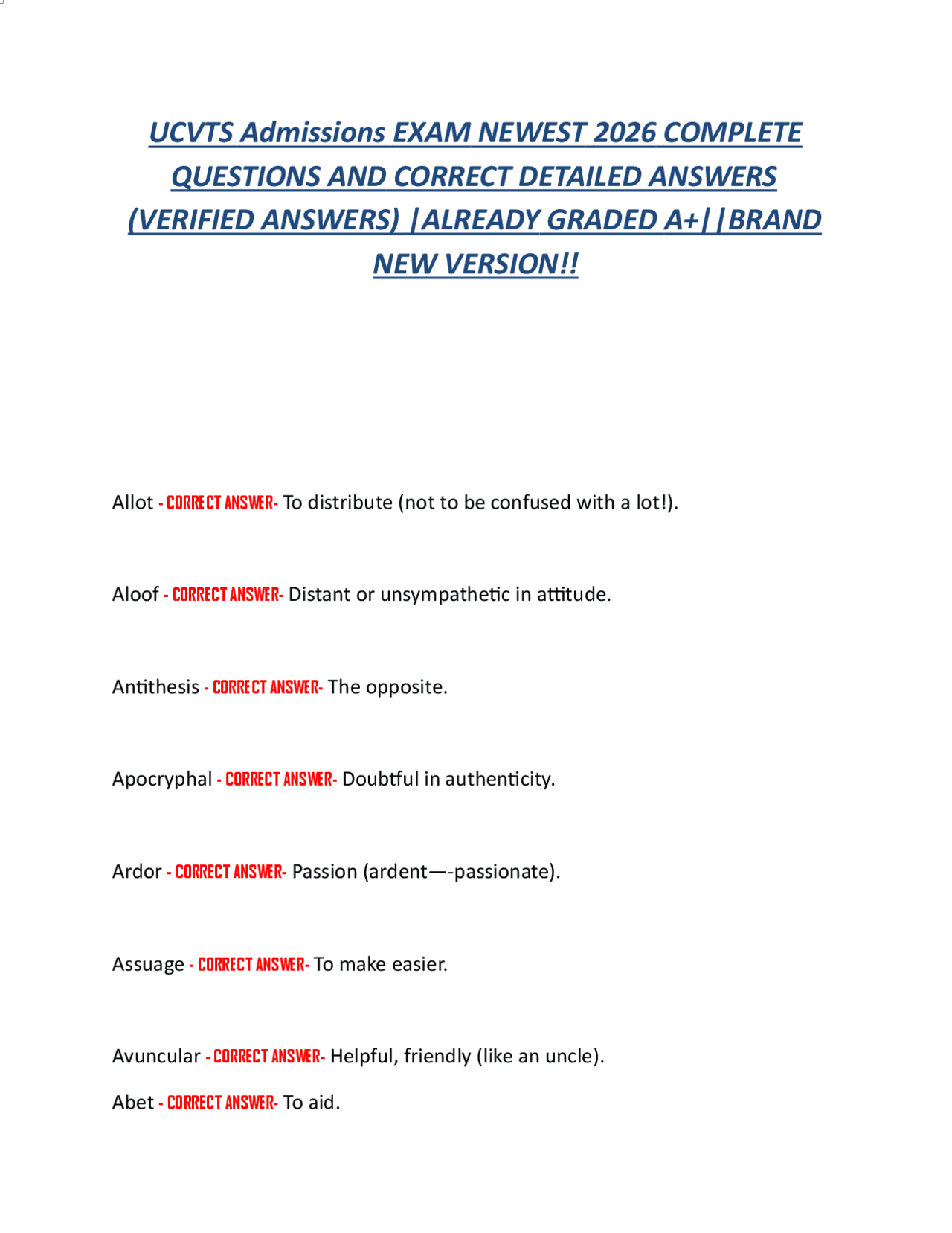UCVTS Admissions Exam Commonly Tested Words Part 4 NEWEST 2026 COMPLETE ...