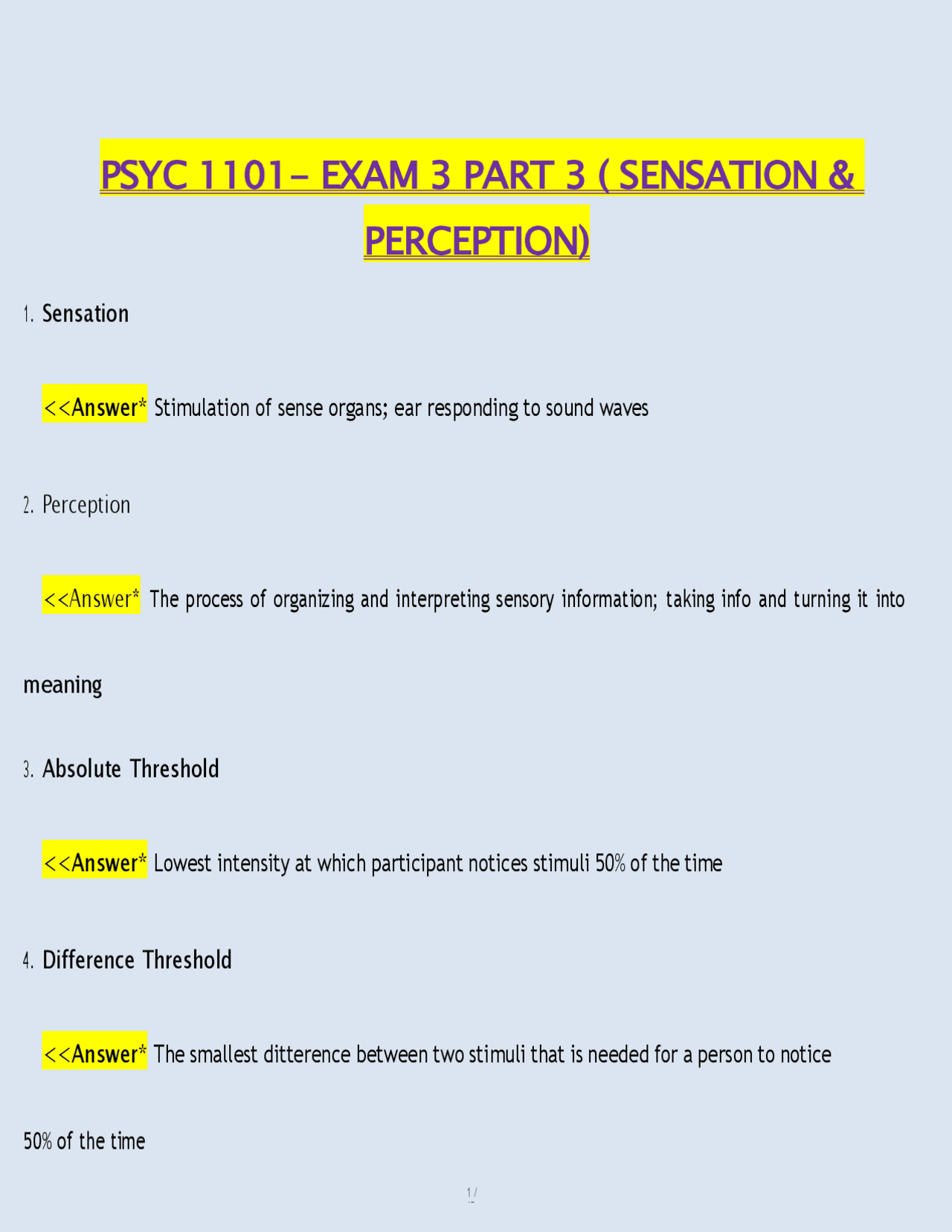 PSYC 1101 Exam 3 Sensation & Perception Questions & Answers | Exams ...