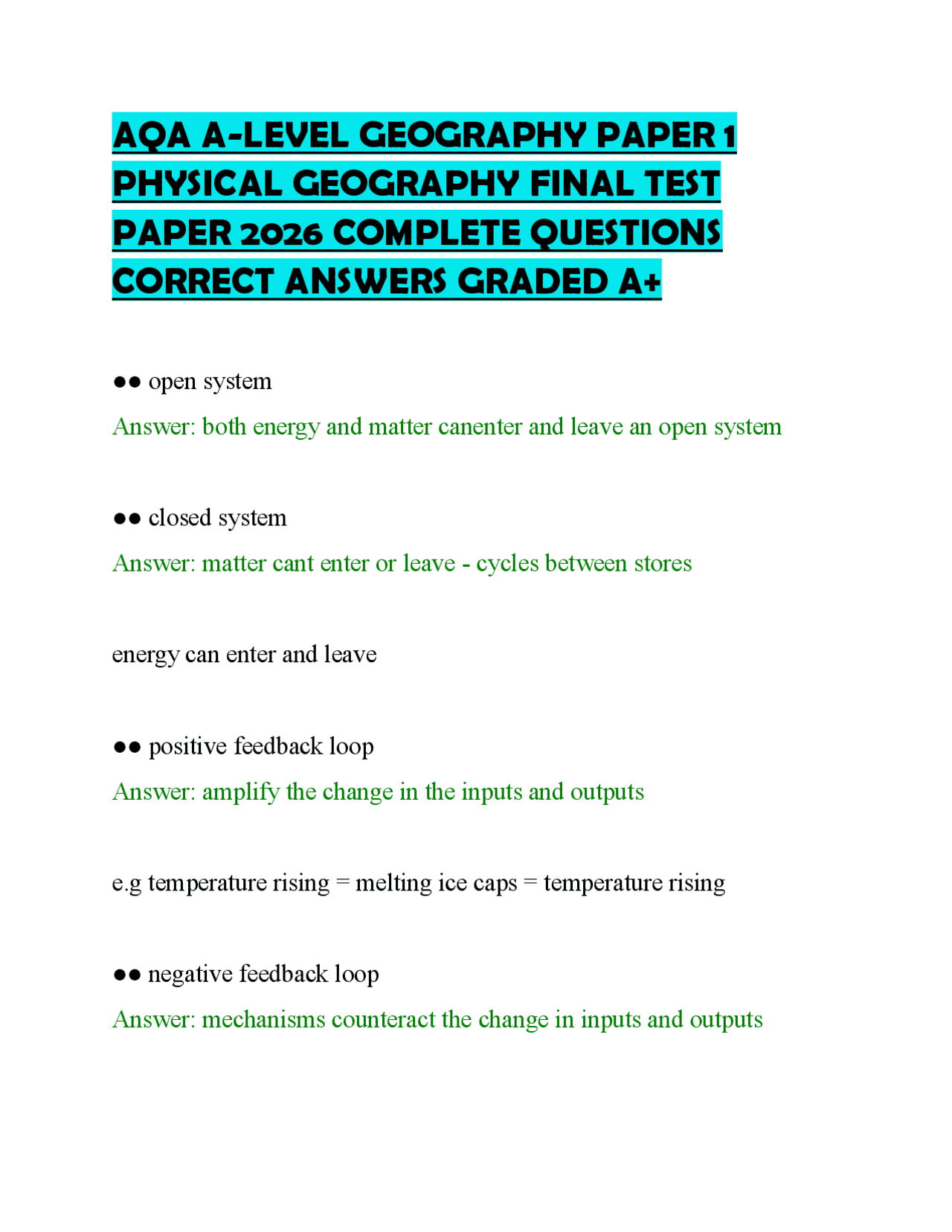 AQA A-LEVEL GEOGRAPHY PAPER 1 PHYSICAL GEOGRAPHY FINAL TEST PAPER 2026 ...