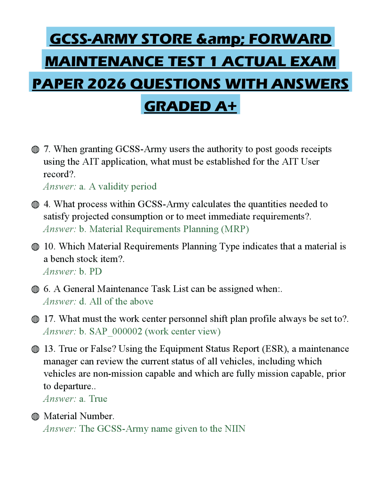 GCSS-ARMY STORE & FORWARD MAINTENANCE TEST 1 ACTUAL EXAM PAPER 2026 ...