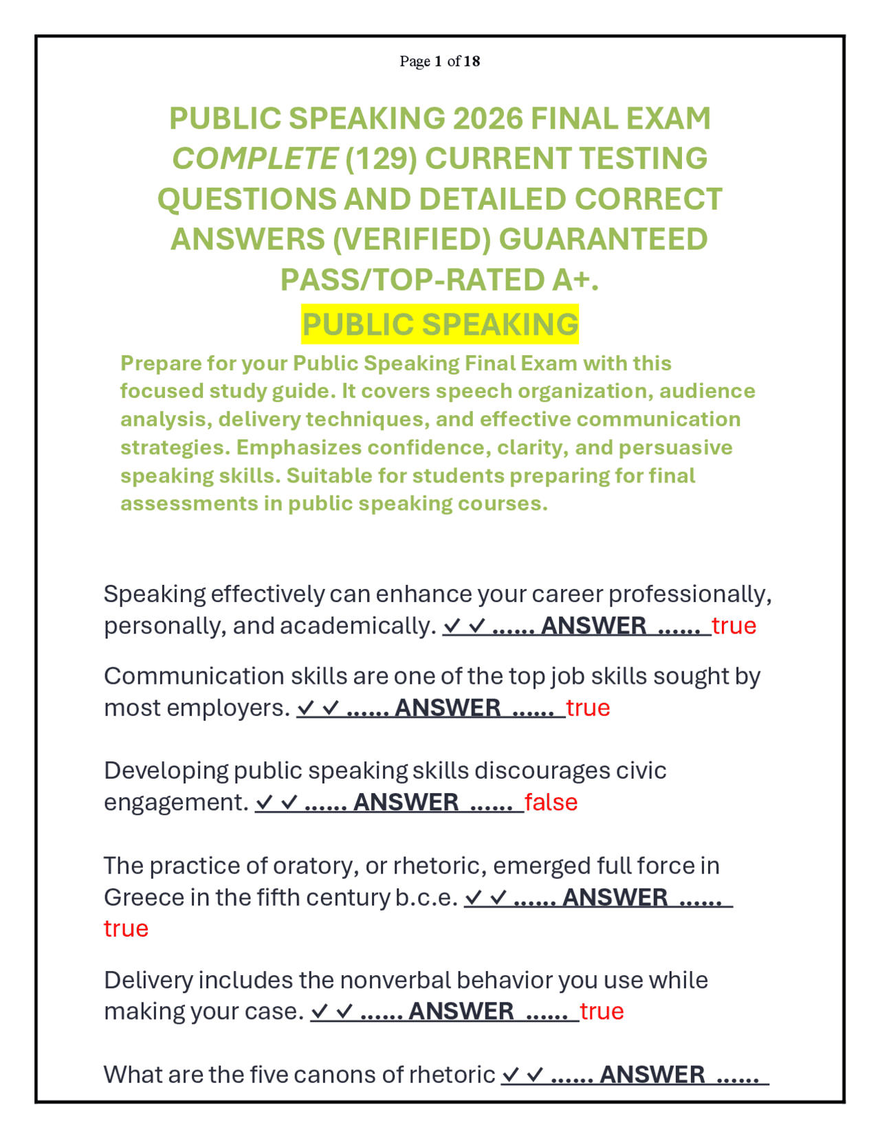 PUBLIC SPEAKING 2026 FINAL EXAM | Exams Public Relations | Docsity