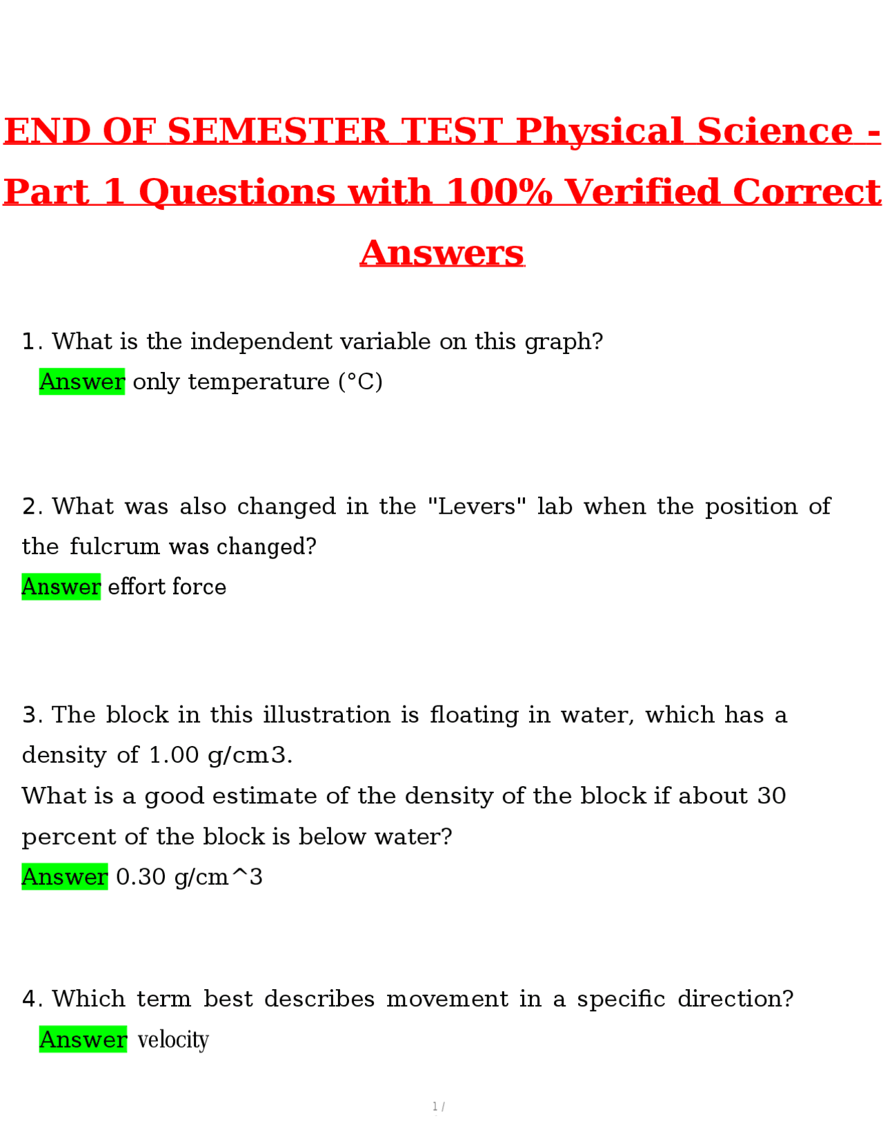 END SEMESTER TEST Physical Science - Part 1 (Latest 2026 / 2027 Update ...