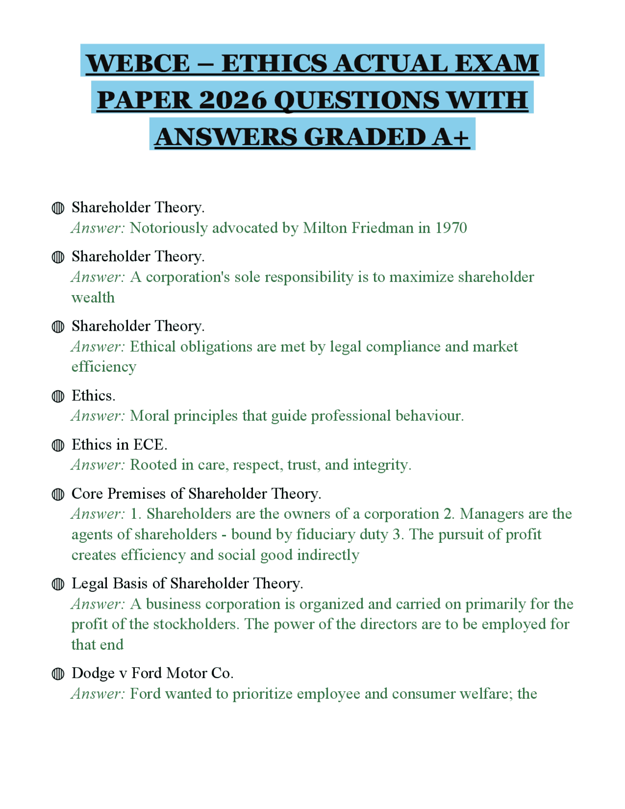 WEBCE – ETHICS ACTUAL EXAM PAPER 2026 QUESTIONS WITH ANSWERS GRADED A+ ...