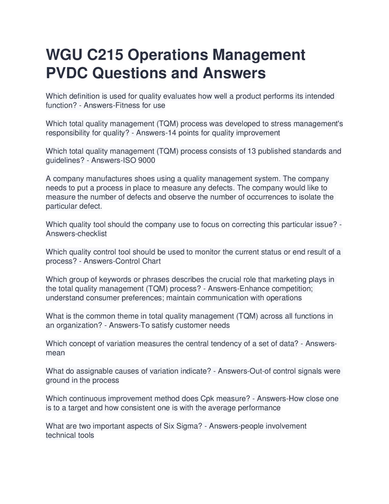 WGU C215 Operations Management PVDC Questions and Answers. | Exams ...