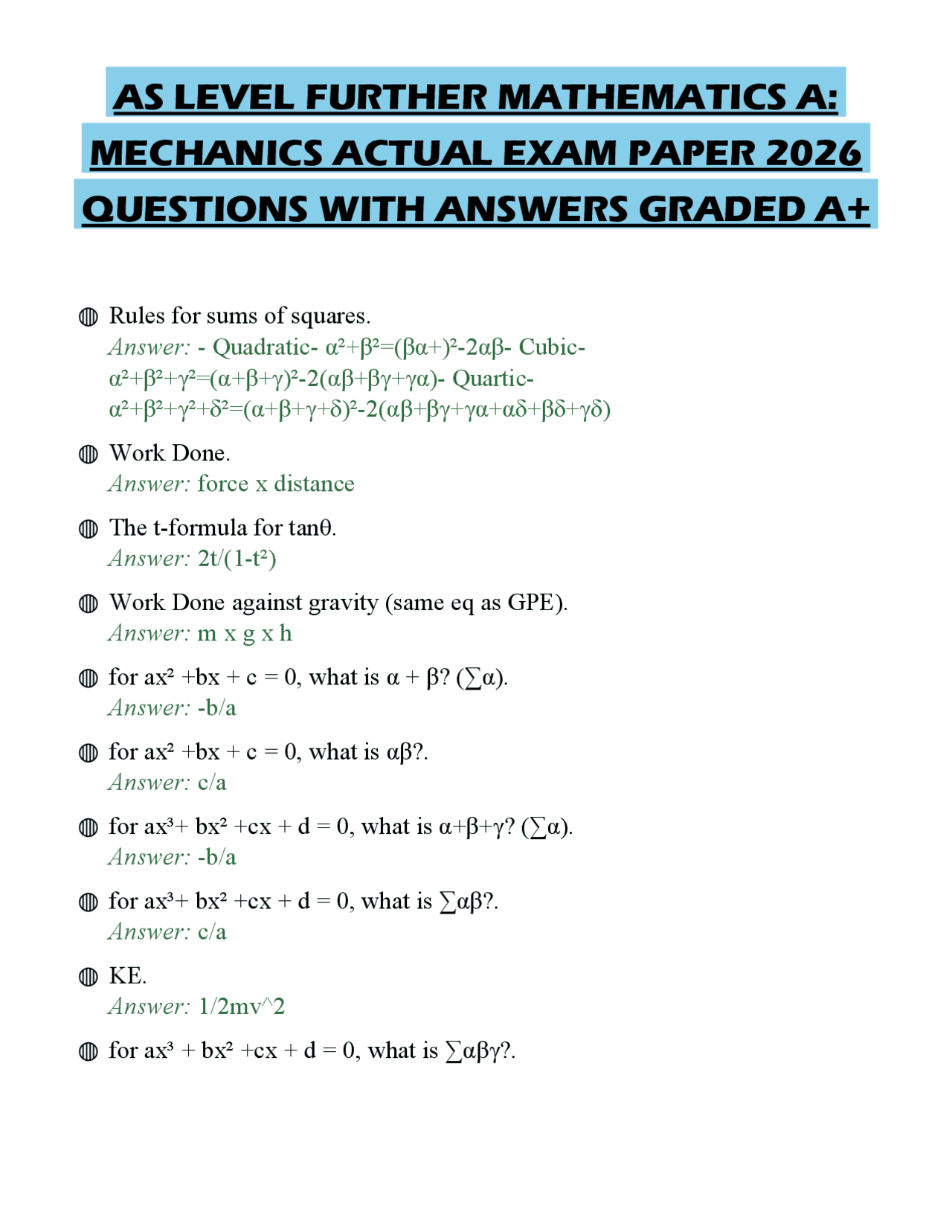 AS LEVEL FURTHER MATHEMATICS A: MECHANICS ACTUAL EXAM PAPER 2026 ...