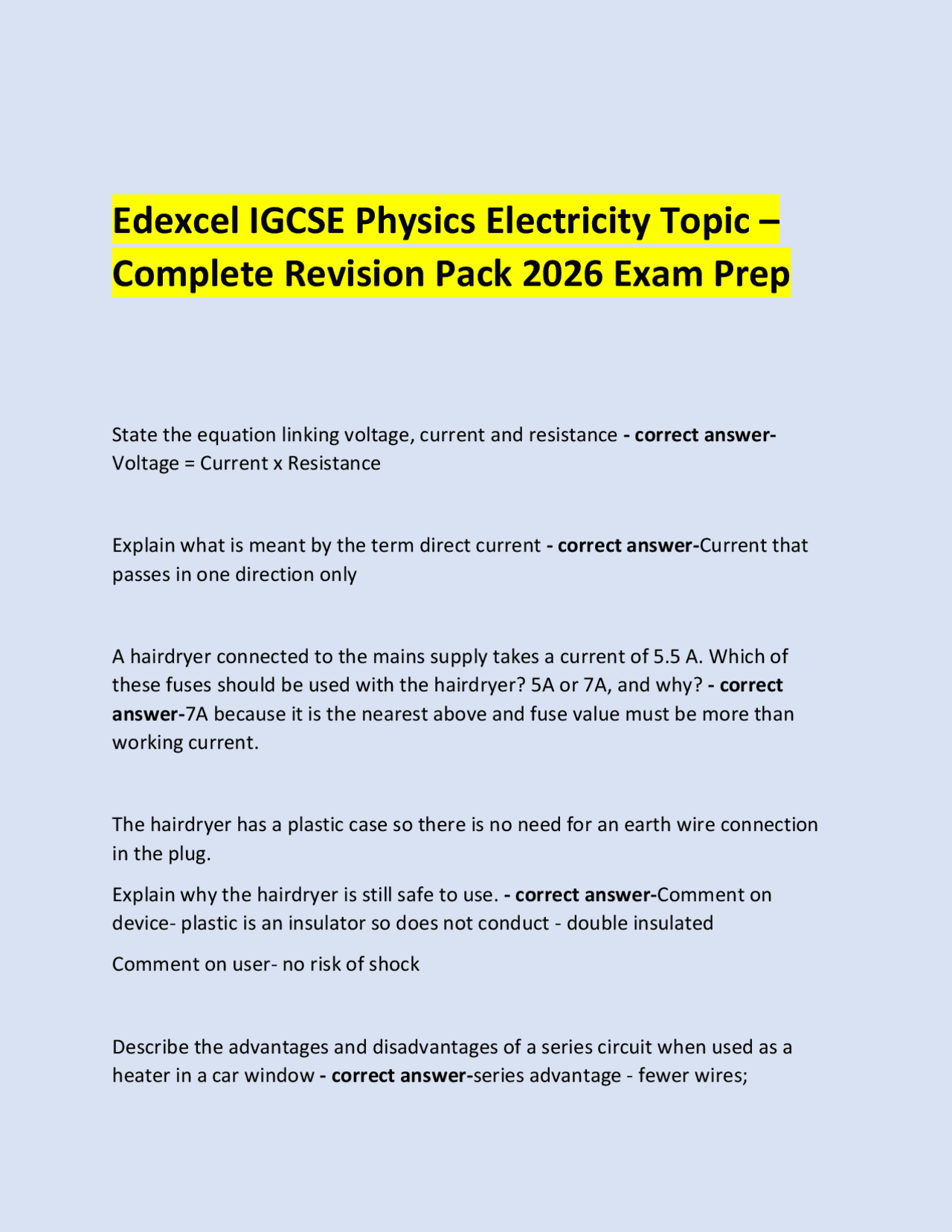 Edexcel IGCSE Physics Electricity Topic – Complete Revision Pack 2026 ...