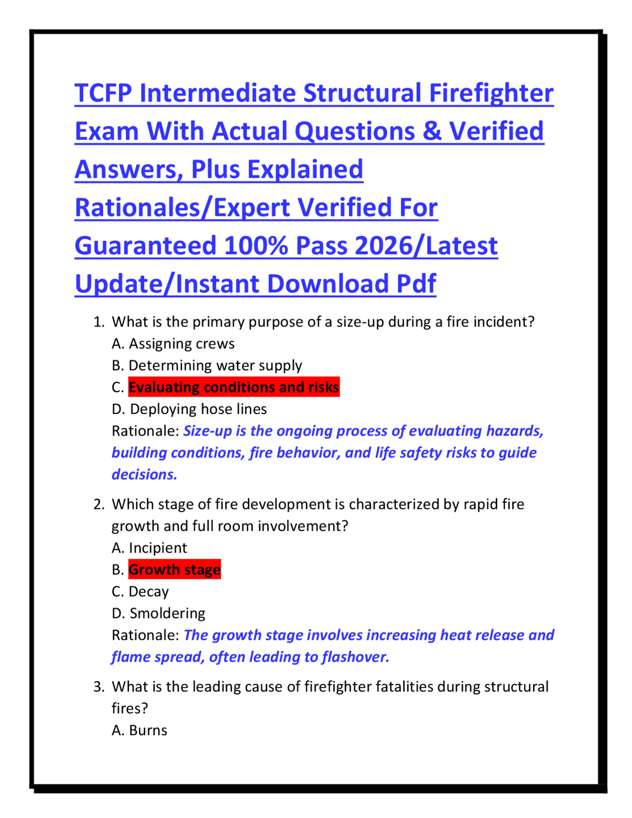 TCFP Intermediate Structural Firefighter Exam With Actual Questions ...