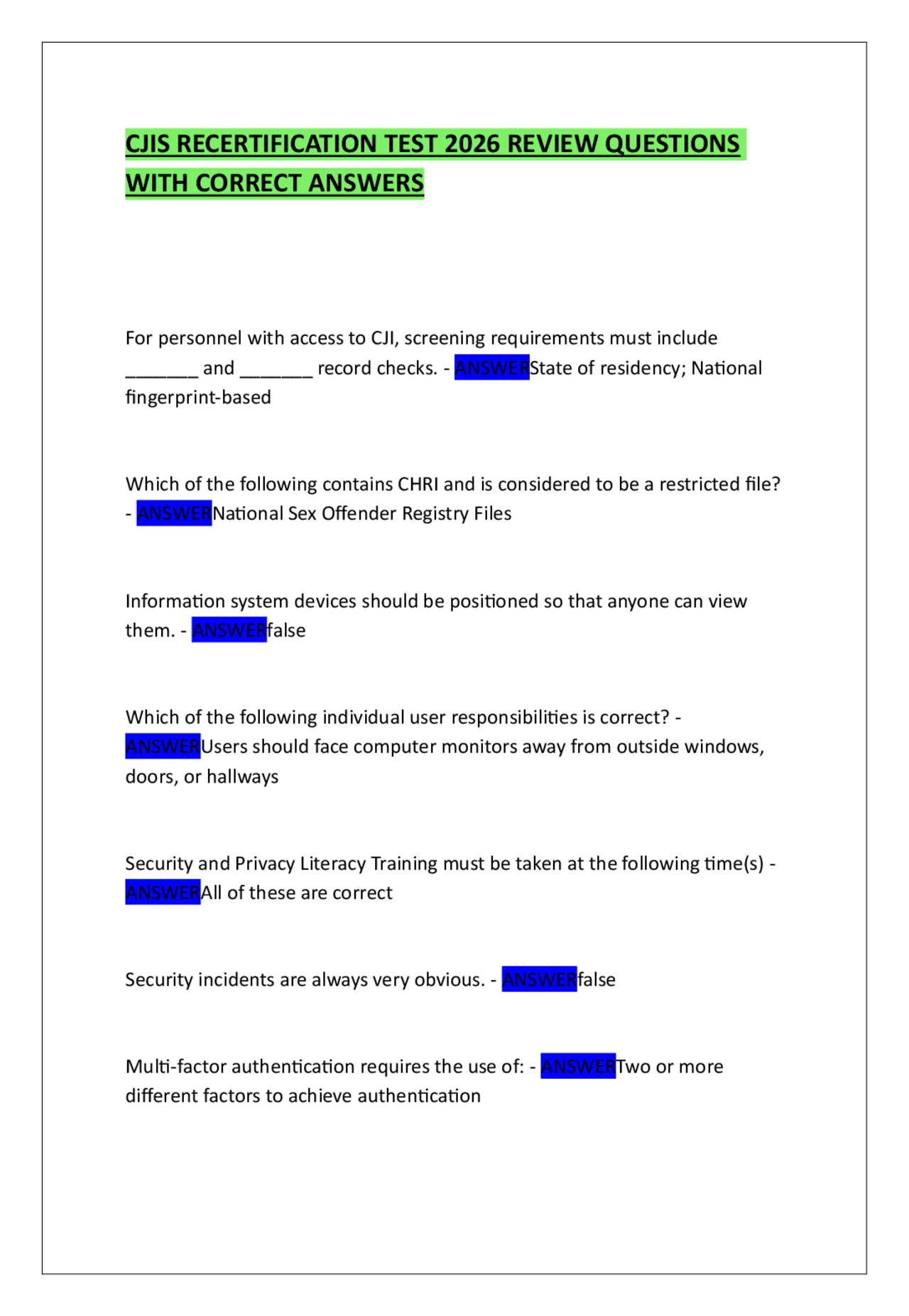 CJIS RECERTIFICATION TEST 2026 REVIEW QUESTIONS WITH CORRECT ANSWERS ...