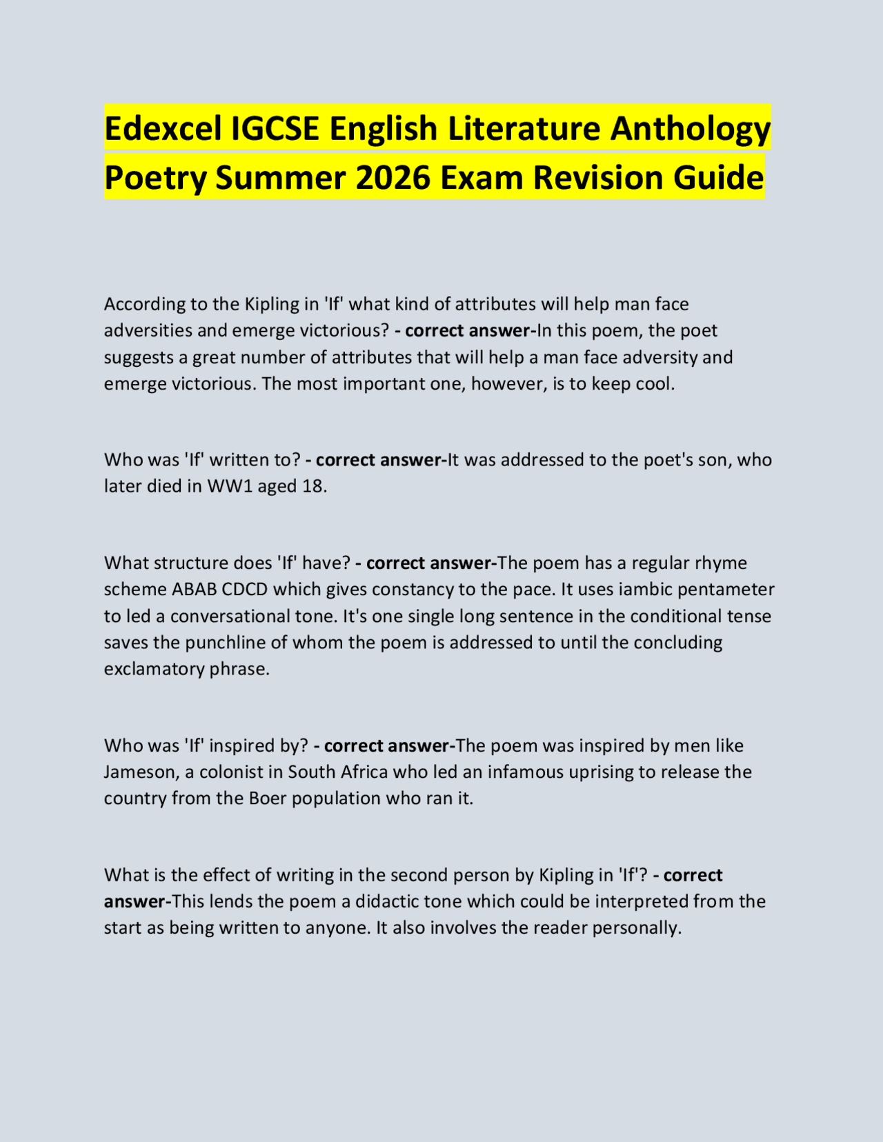 Edexcel IGCSE English Literature Anthology Poetry Summer 2026 Exam ...