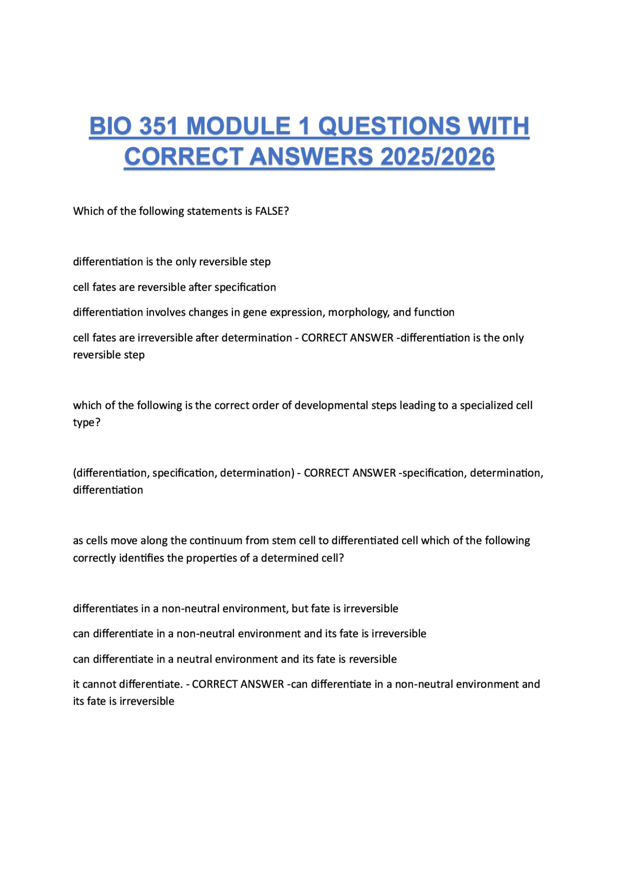BIO 351 Module 1 2025–2026 – Practice Questions with Correct Answers ...