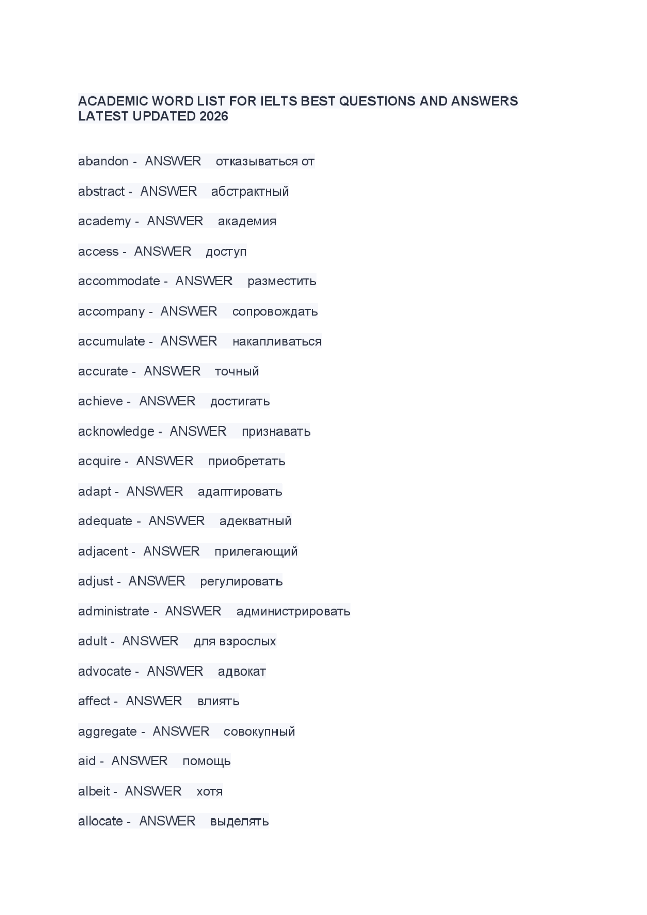 ACADEMIC WORD LIST FOR IELTS BEST QUESTIONS AND ANSWERS LATEST UPDATED ...
