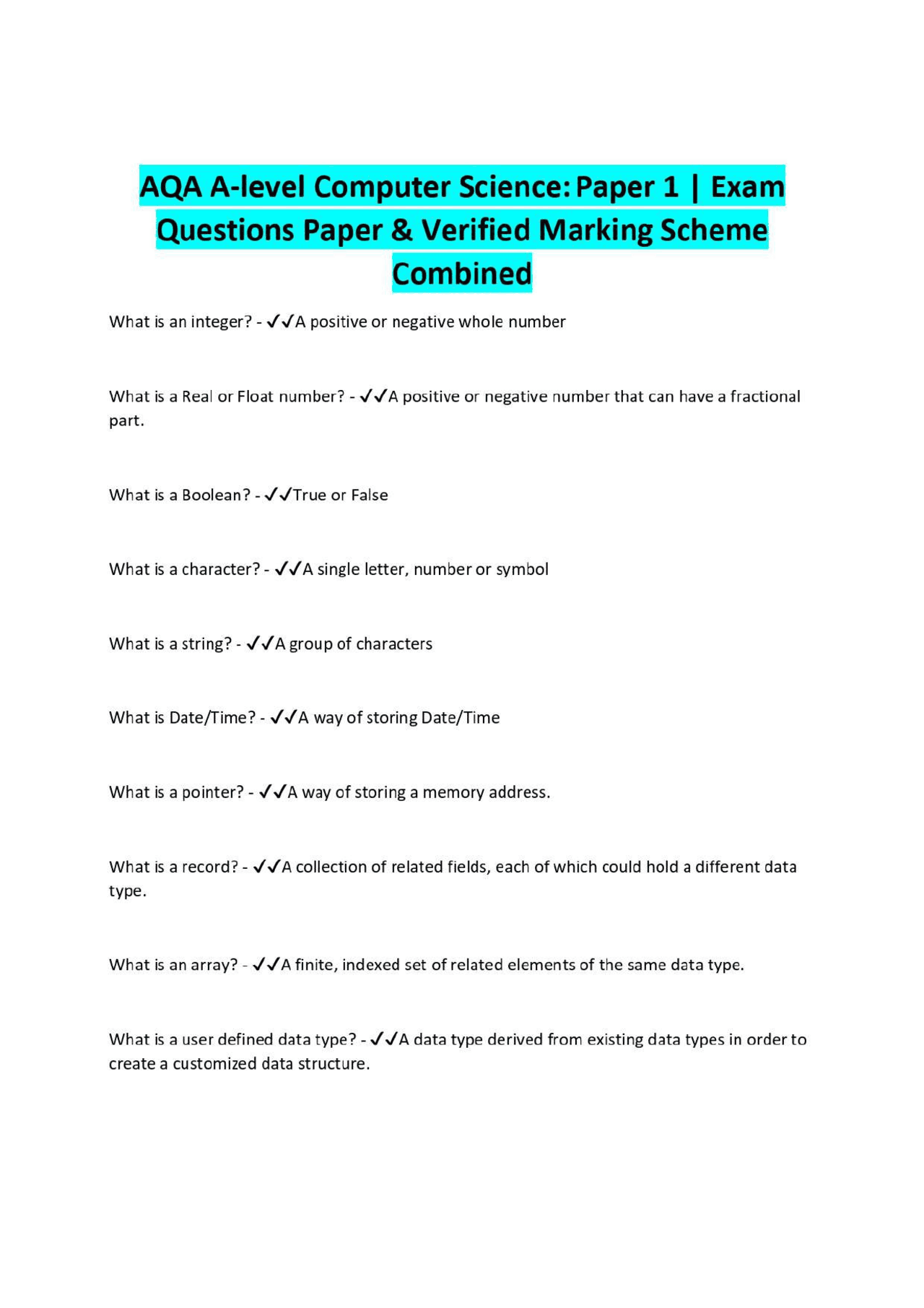 AQA A-level Computer Science: Paper 1 | Exam Questions Paper & Verified ...