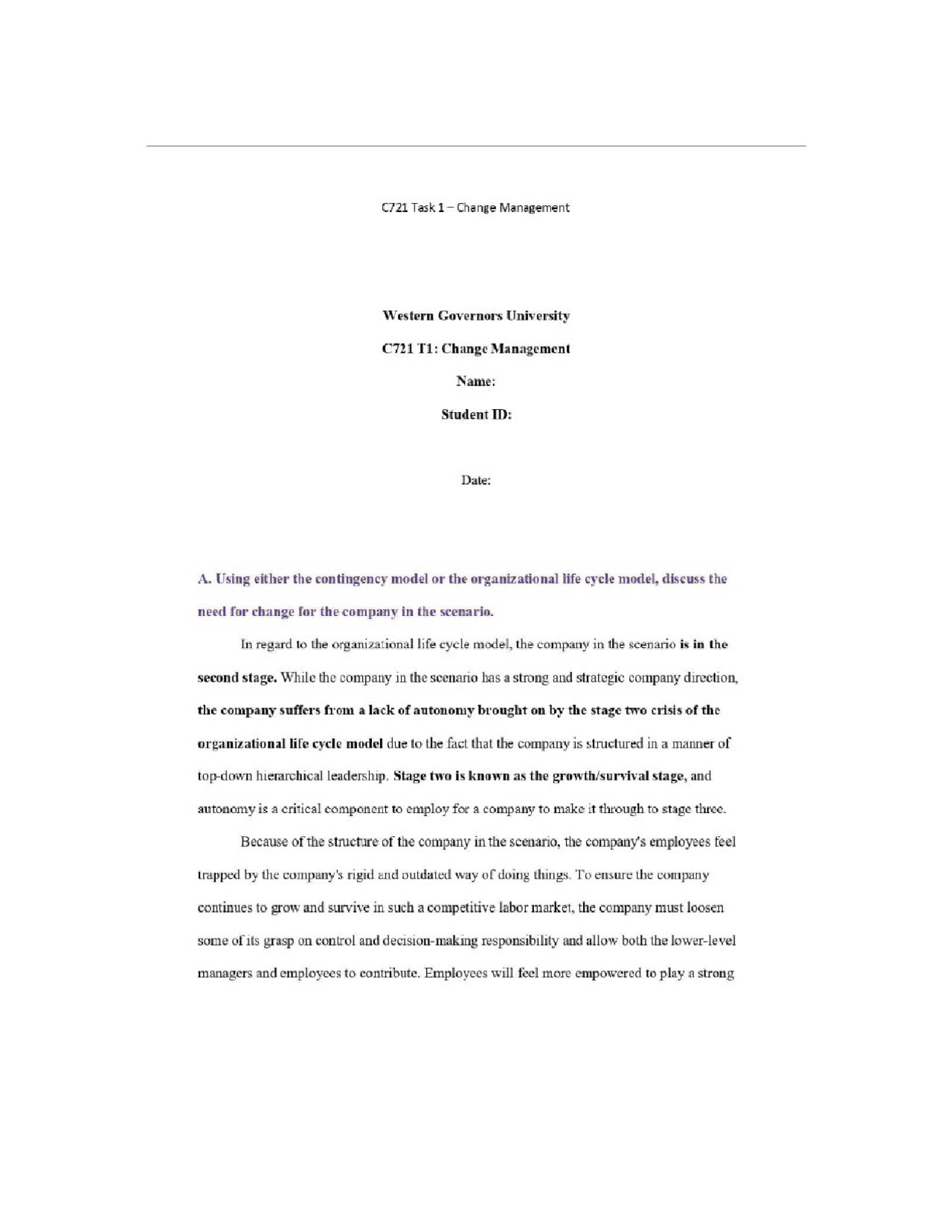 WGU C721 - NJP1 Task 1 Change Management | 2026 Update | 100% Correct ...