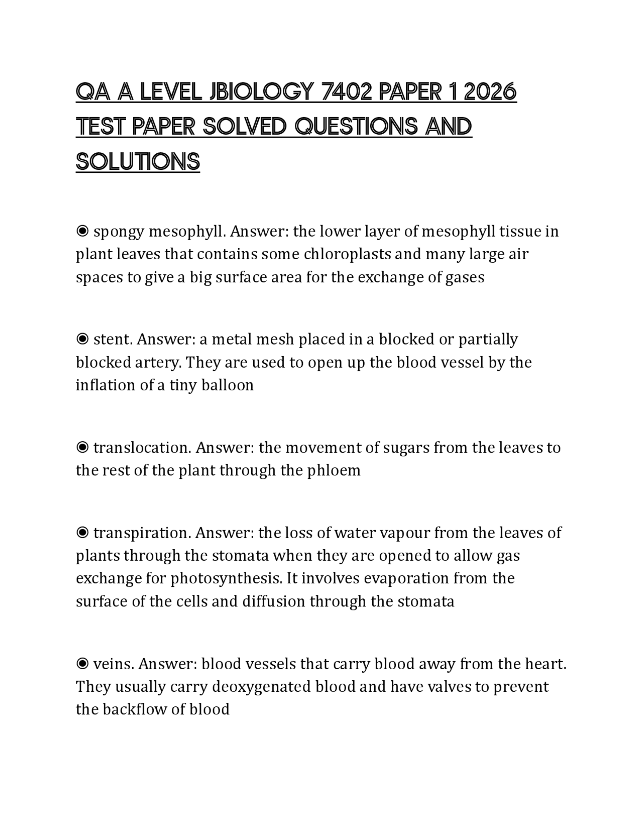 QA A LEVEL JBIOLOGY 7402 PAPER 1 2026 TEST PAPER SOLVED QUESTIONS AND ...
