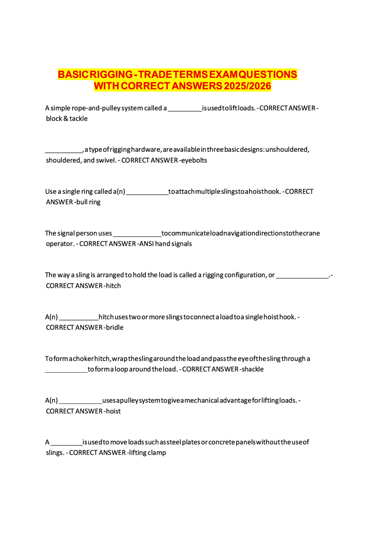 Basic Rigging – Trade Terms Exam Questions with Correct Answers 2025 ...