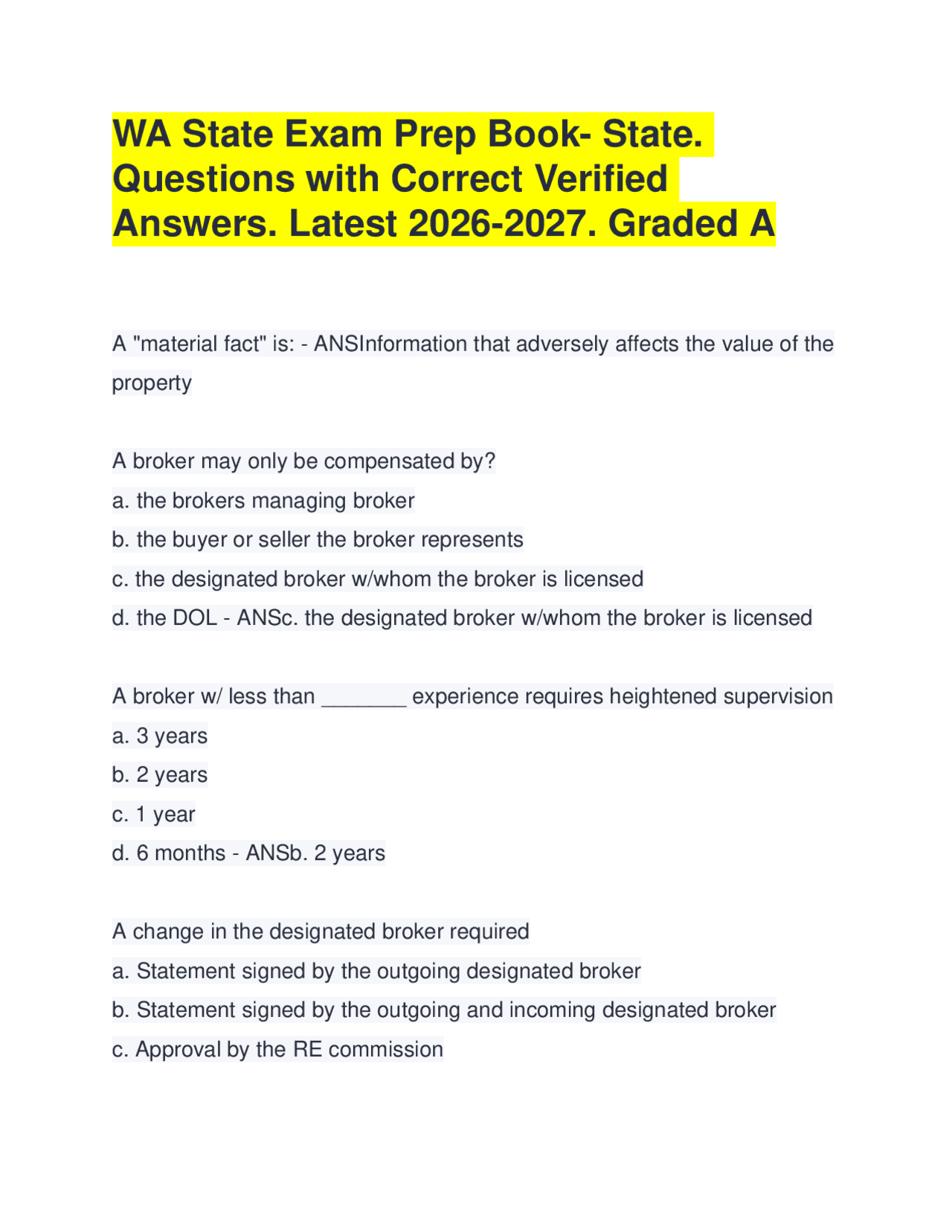 WA State Exam Prep Book- State. Questions with Correct Answers. Latest ...